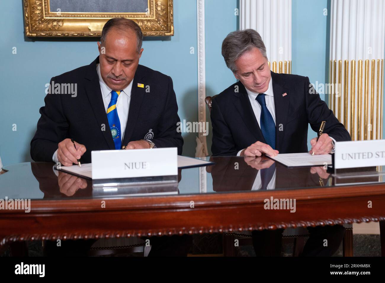 Secretary of State Antony Blinken and Niue's Premier Dalton Tagelagi ...