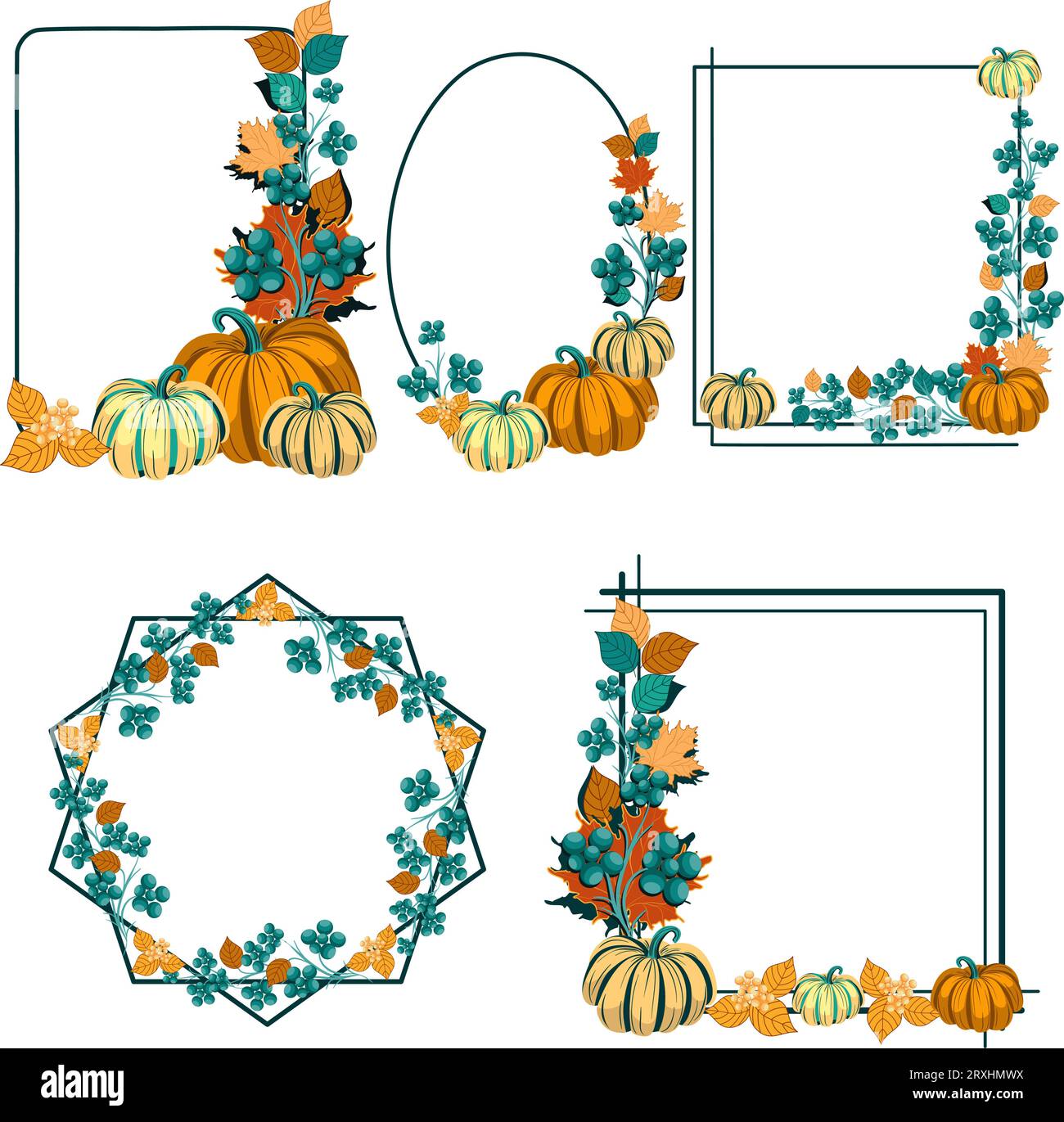 Collection of different kinds of autumn floral frames with pumpkins ...