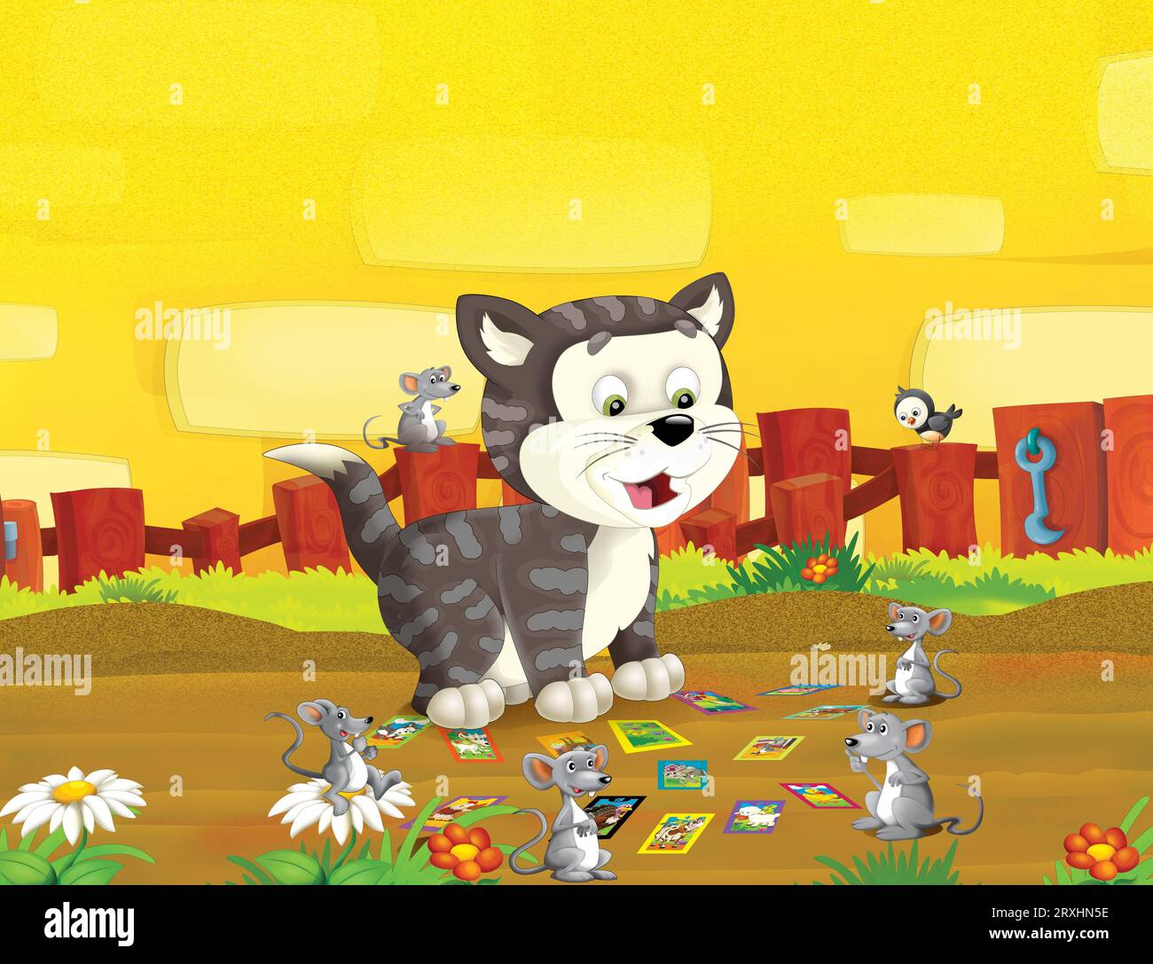 The life on the farm with cat and mice - illustration for children ...