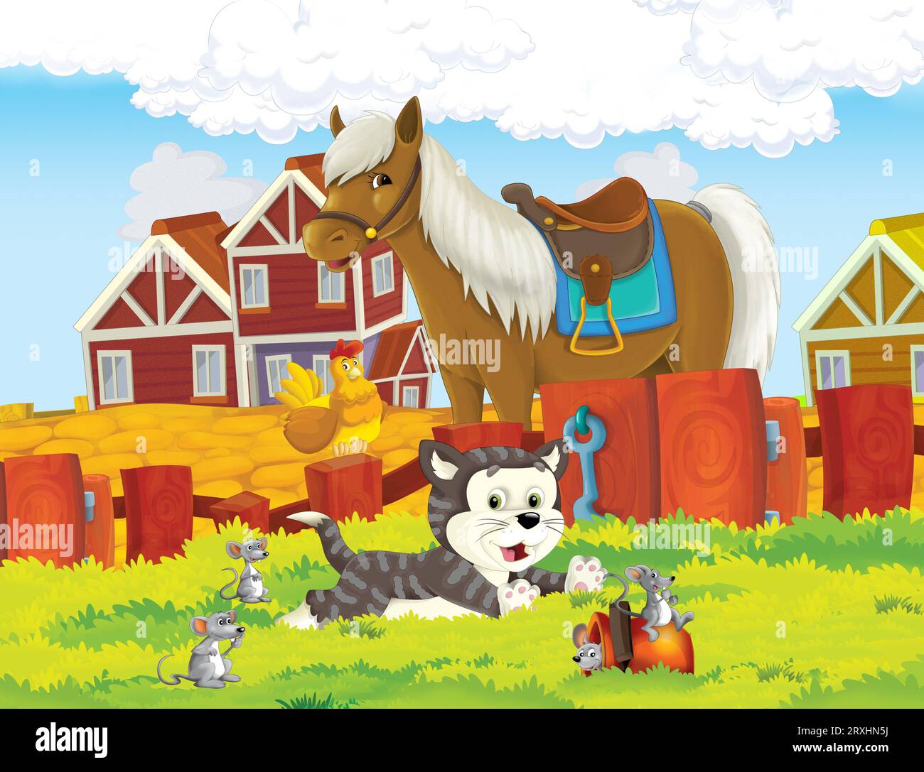The life on the farm with cat horse and mice - illustration for the ...