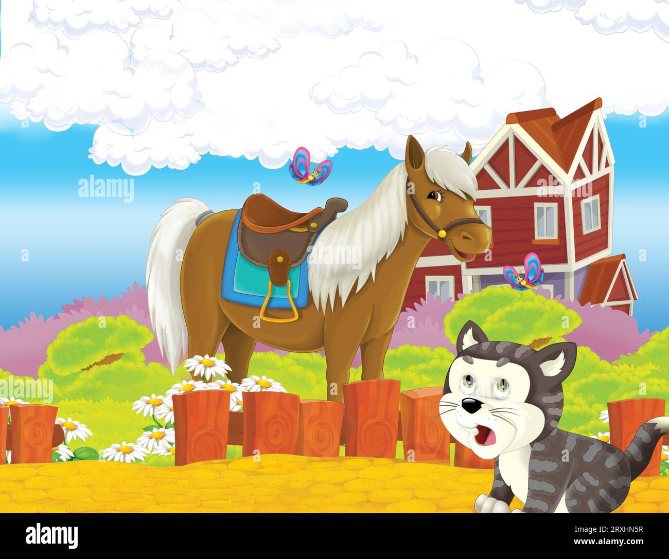 The life on the farm with cat and horse - illustration for the children ...