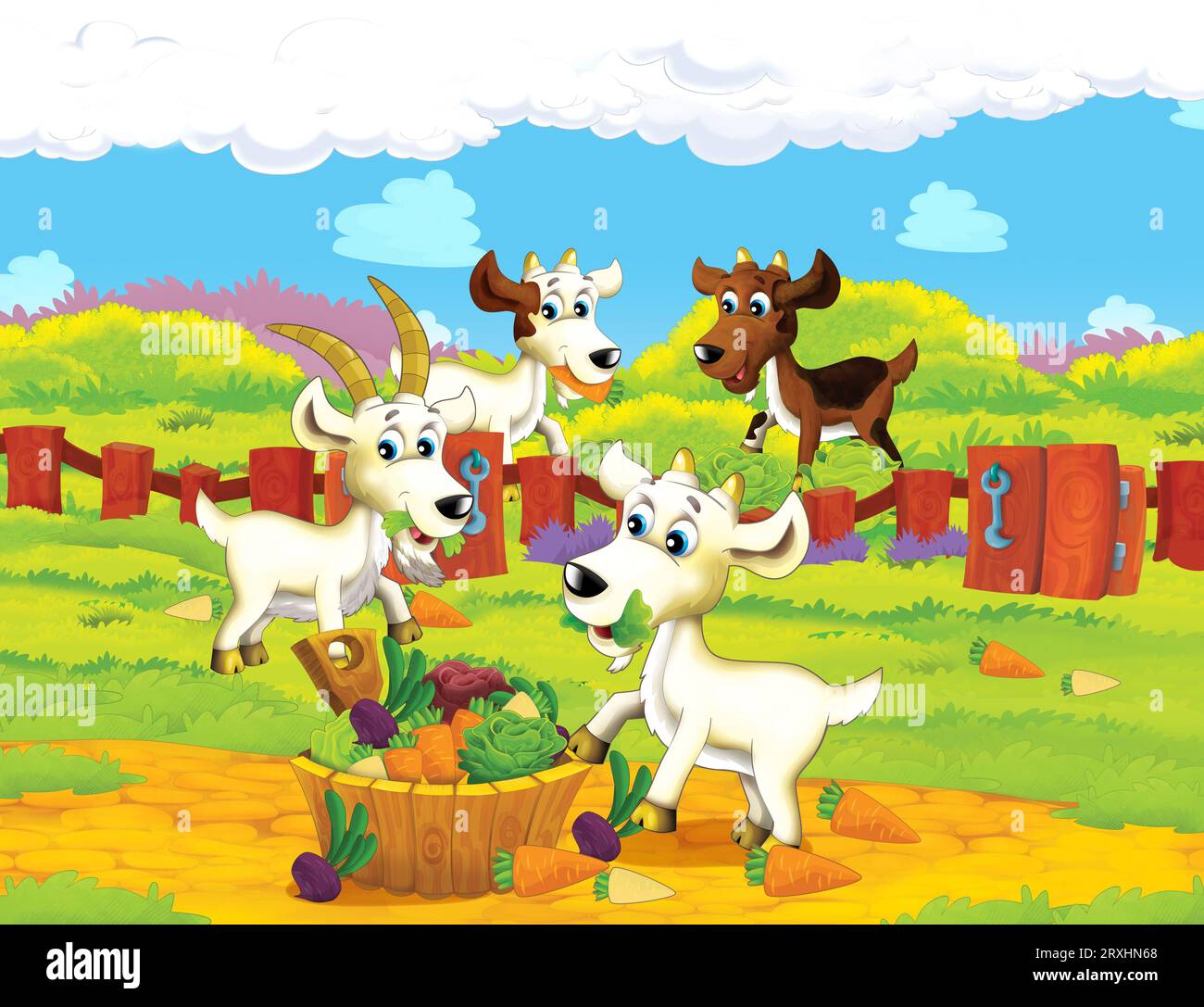 Cartoon scene - life on the farm - family of goats eating dinner ...