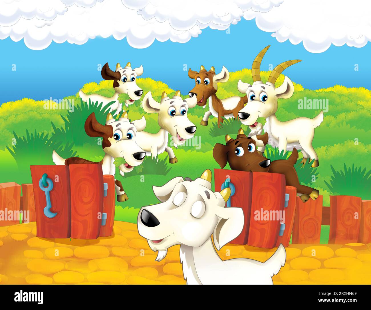 The life on the farm with goats having fun - illustration for the ...