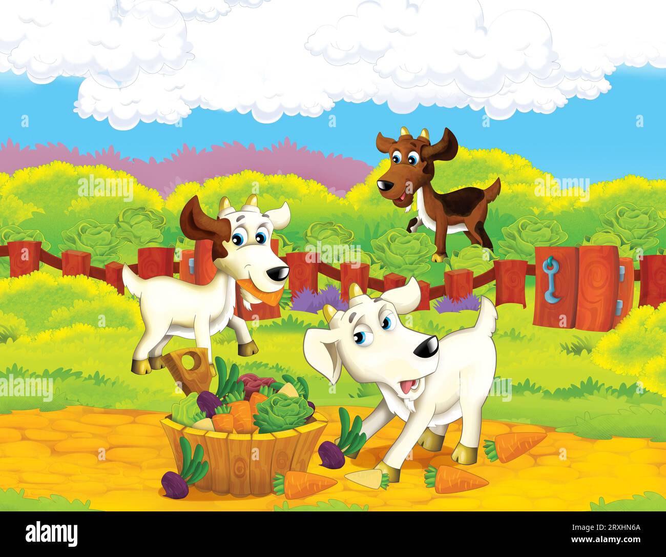 Cartoon scene - life on the farm - family of goats eating dinner - vegetables - illustration for ...