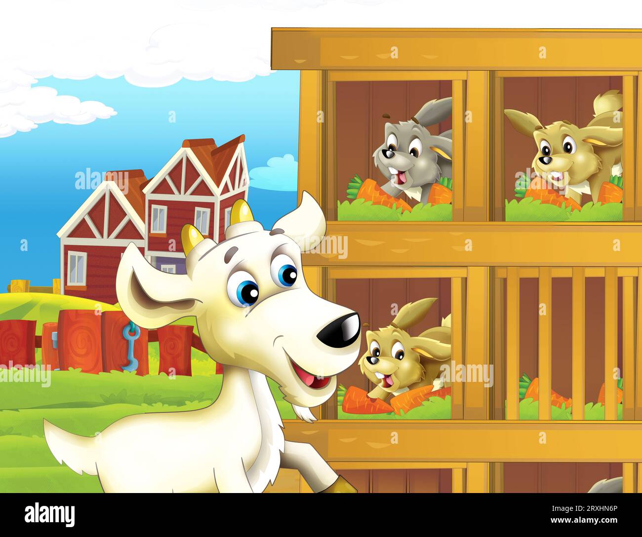 Cartoon farm scene with goat talking to rabbits - illustration for ...