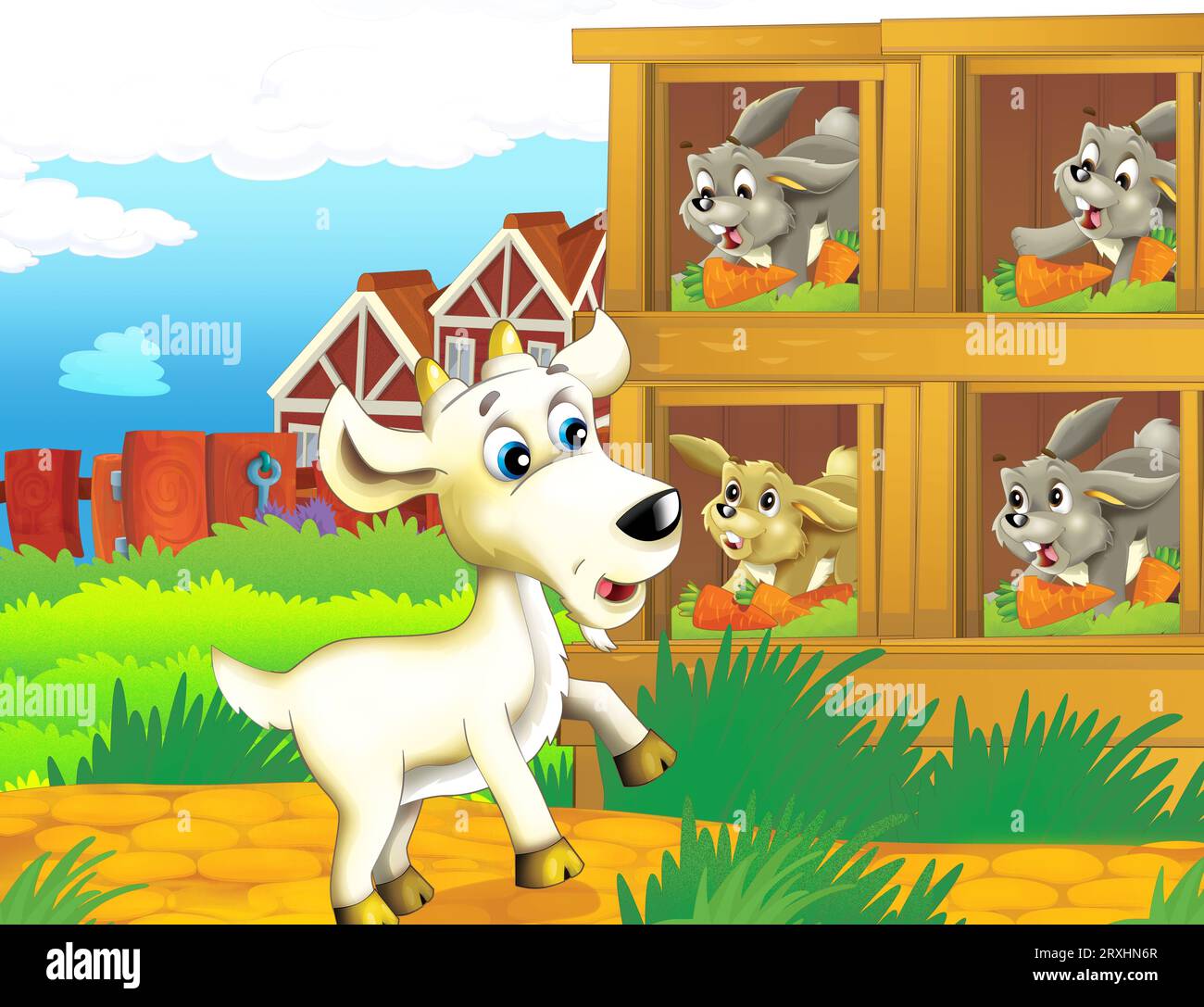 Cartoon farm scene with goat talking to rabbits - illustration for ...