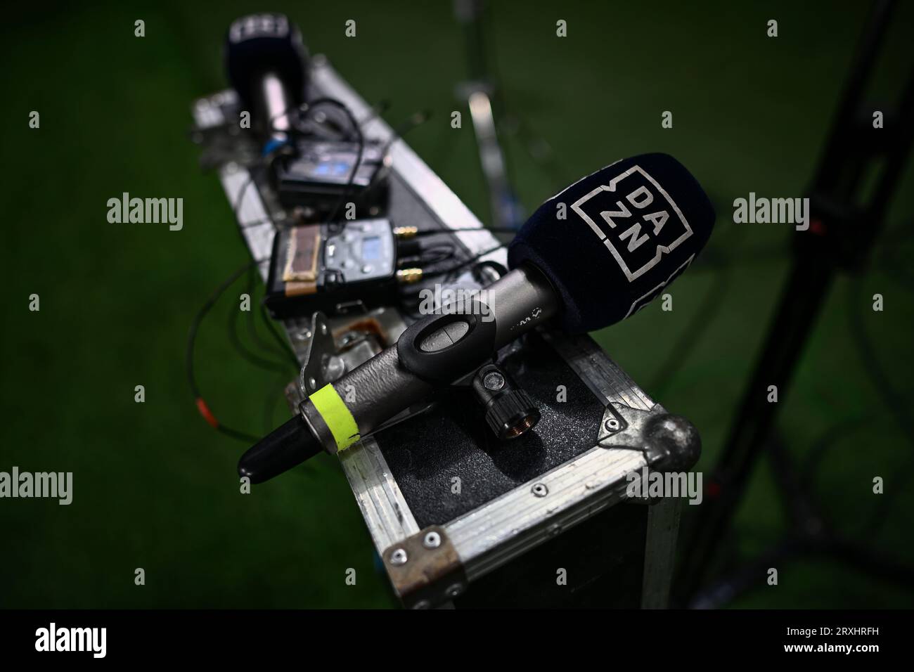A microphone bearing the logo of DAZN is seen prior to the Serie A ...