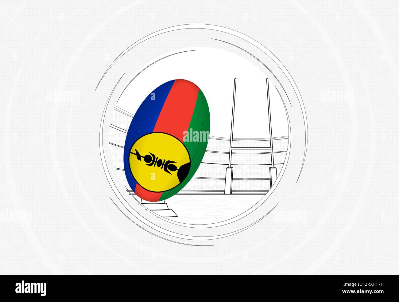 New Caledonia flag on rugby ball, lined circle rugby icon with ball in ...