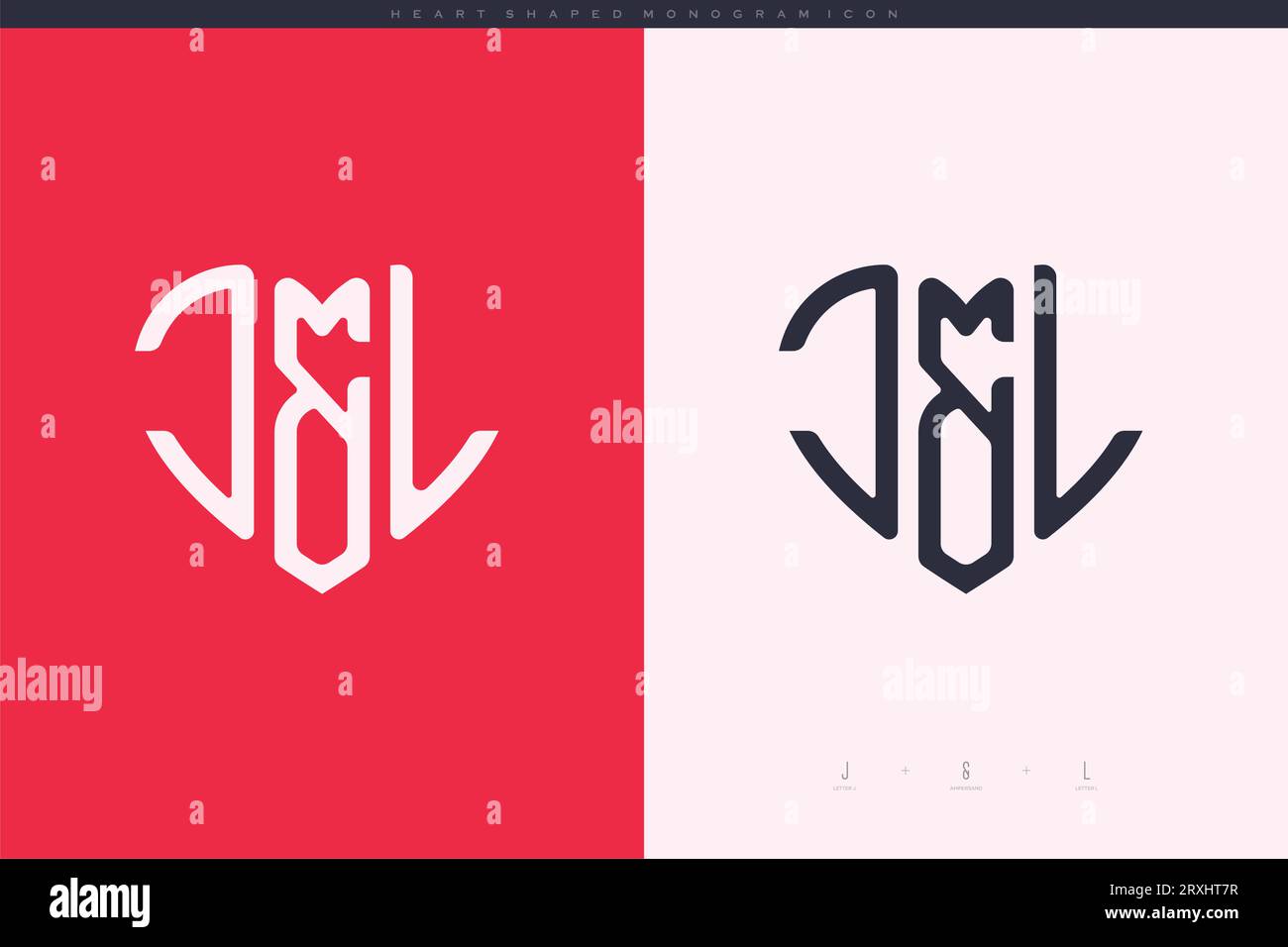 Initial JL letters with red heart and love logo flat icon monogram ...
