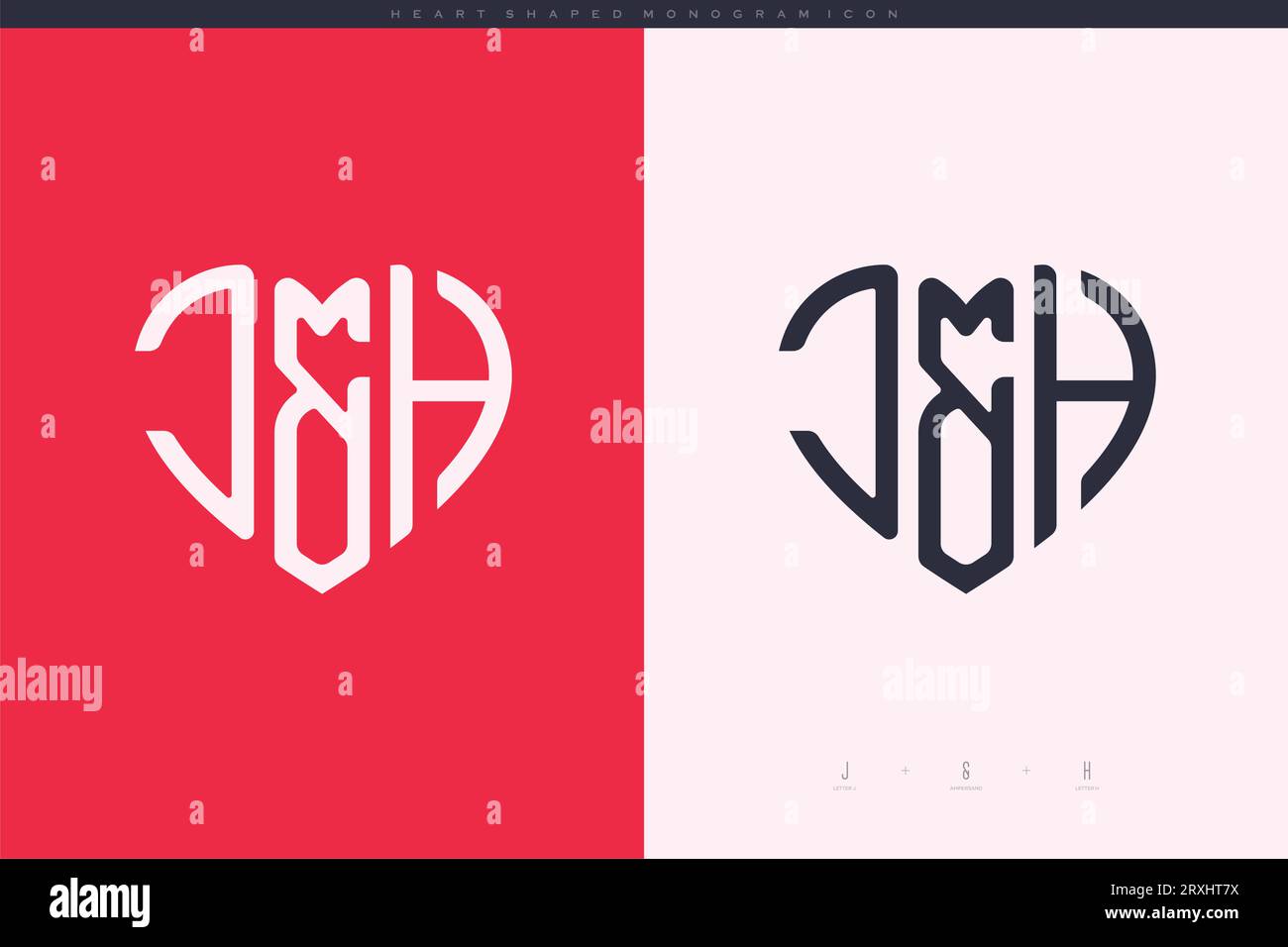 Initial JH letters with red heart and love logo flat icon monogram ...