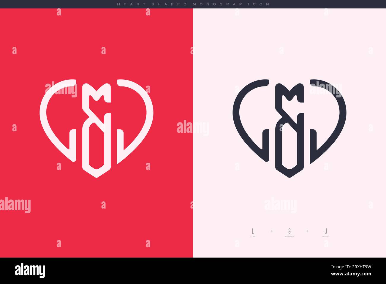 Initial LJ letters with red heart and love logo flat icon monogram ...