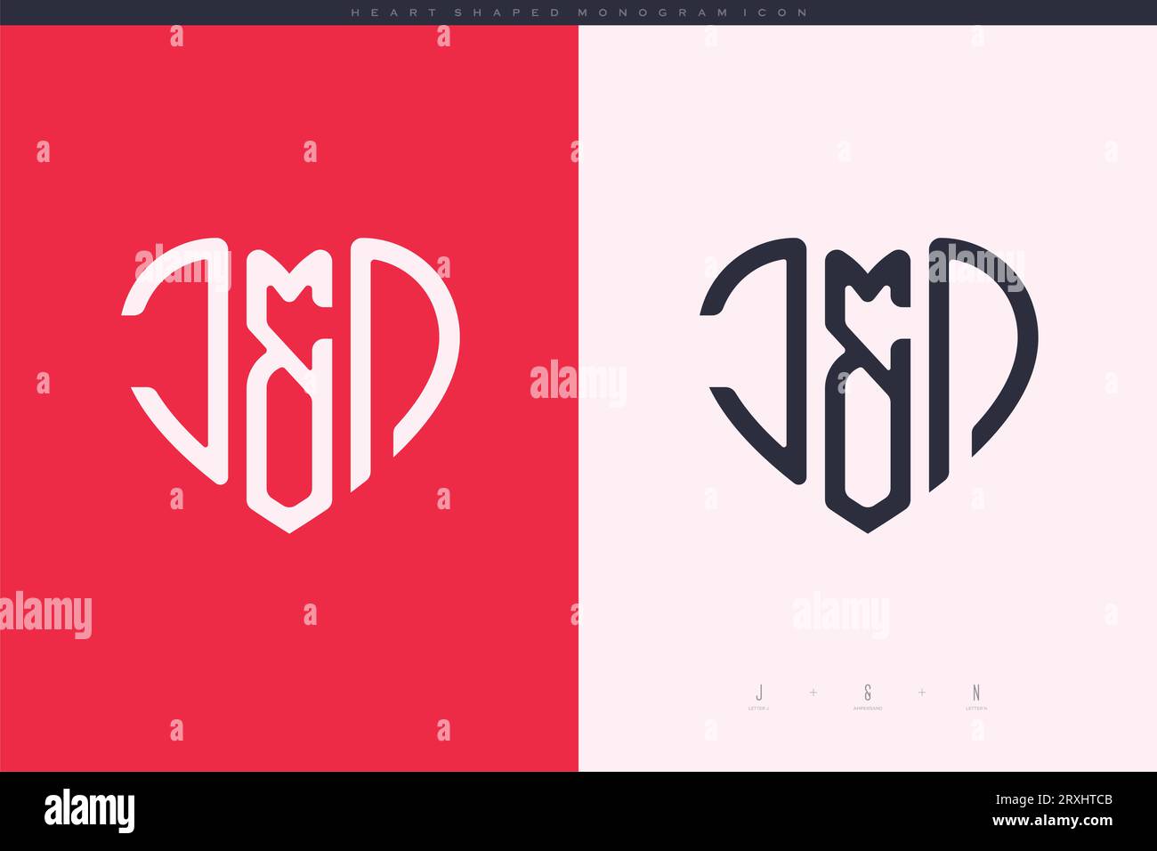 Initial JN letters with red heart and love logo flat icon monogram ...