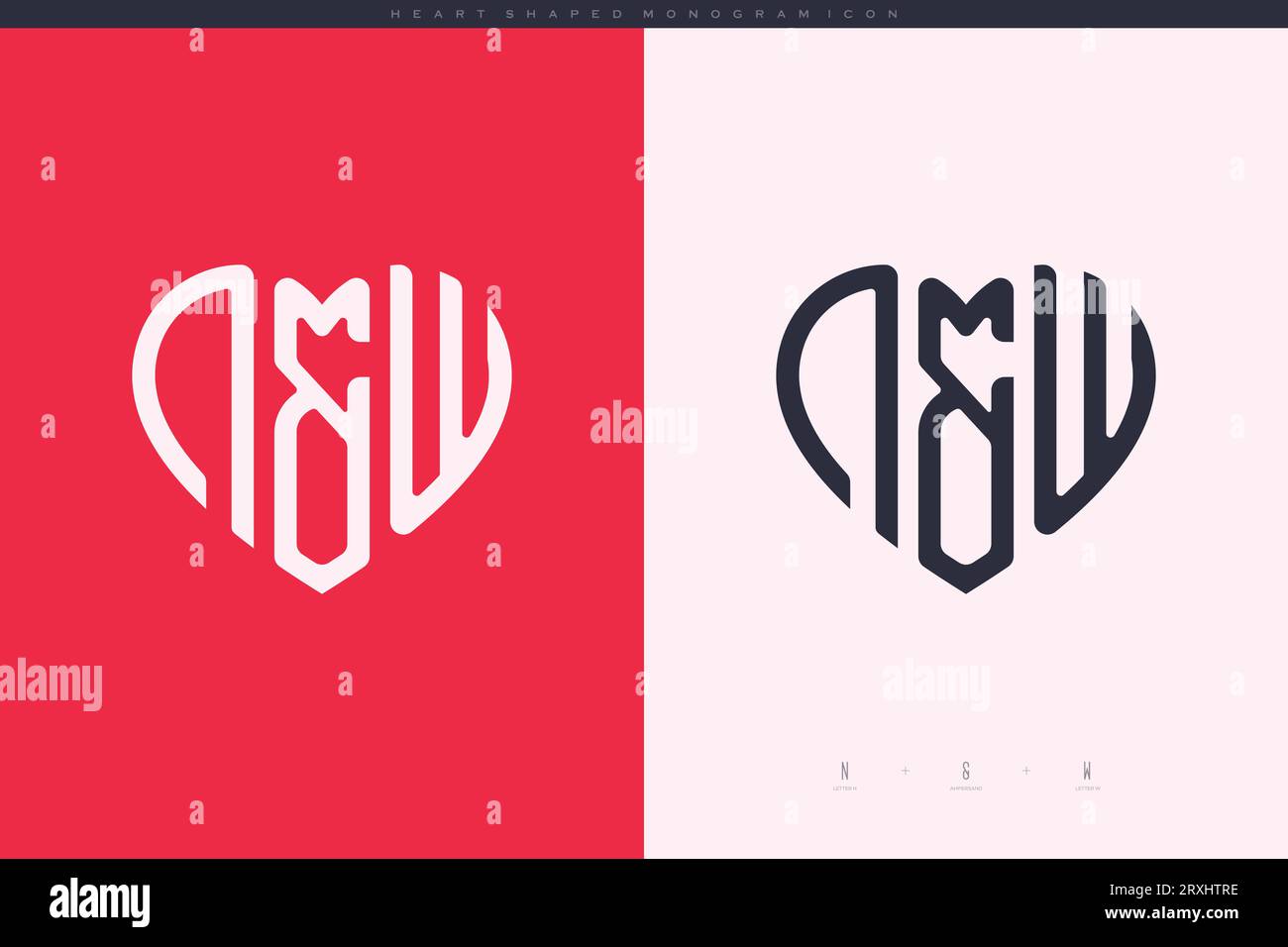 Initial NW letters with red heart and love logo flat icon monogram ...