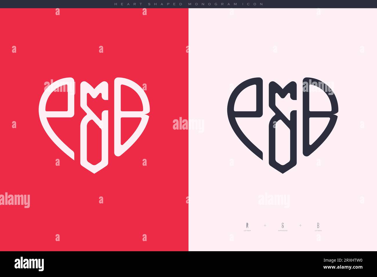 Initial PB letters with red heart and love logo flat icon monogram ...
