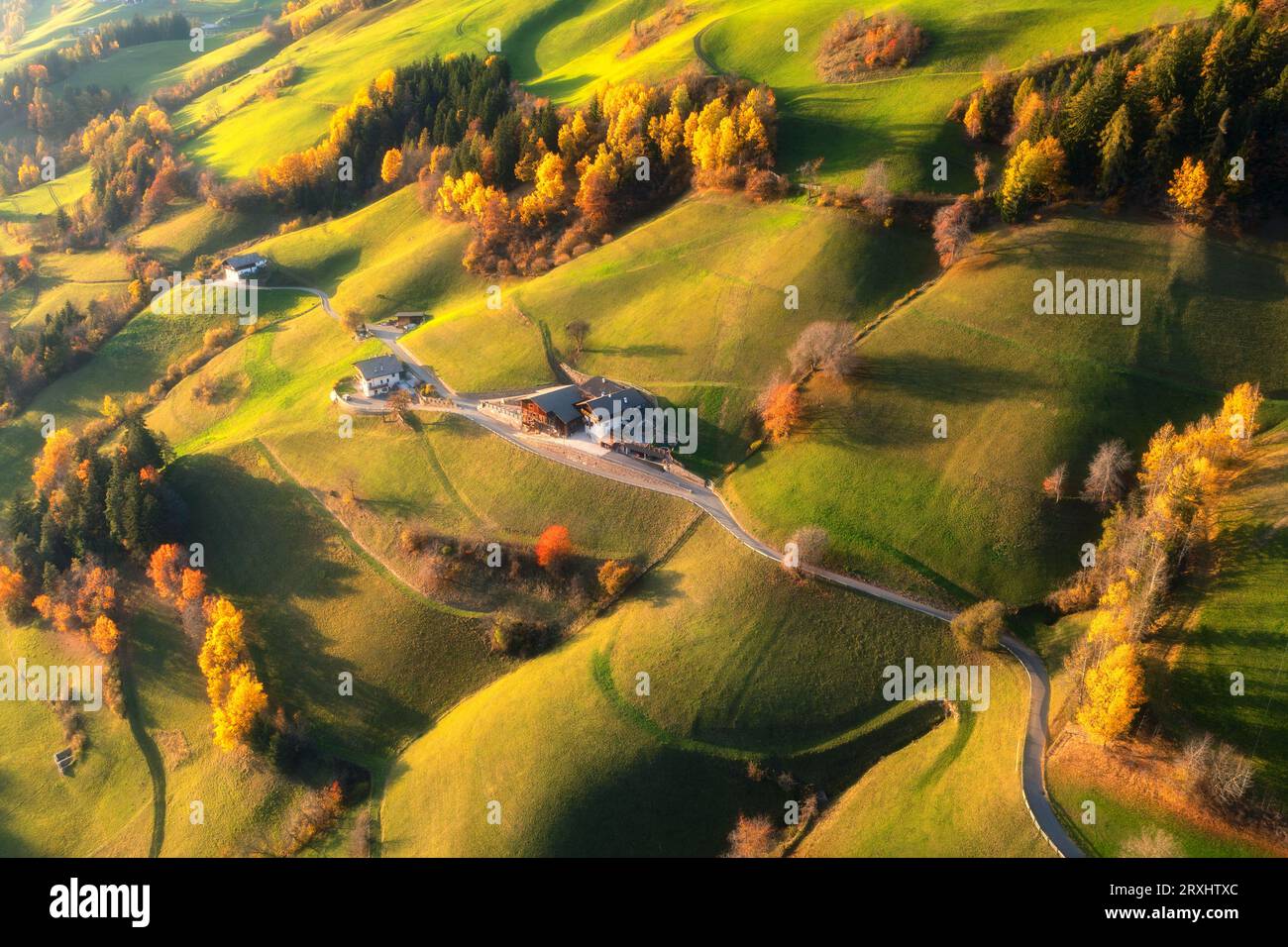 Aerial view of amazing green alpine meadows, orange trees, hills Stock ...