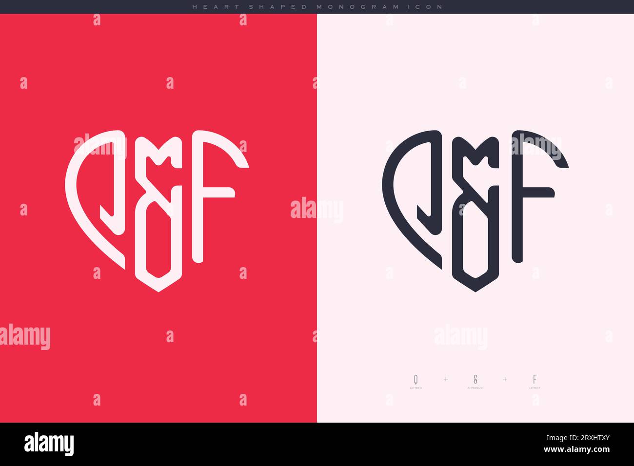 Initial QF letters with red heart and love logo flat icon monogram ...