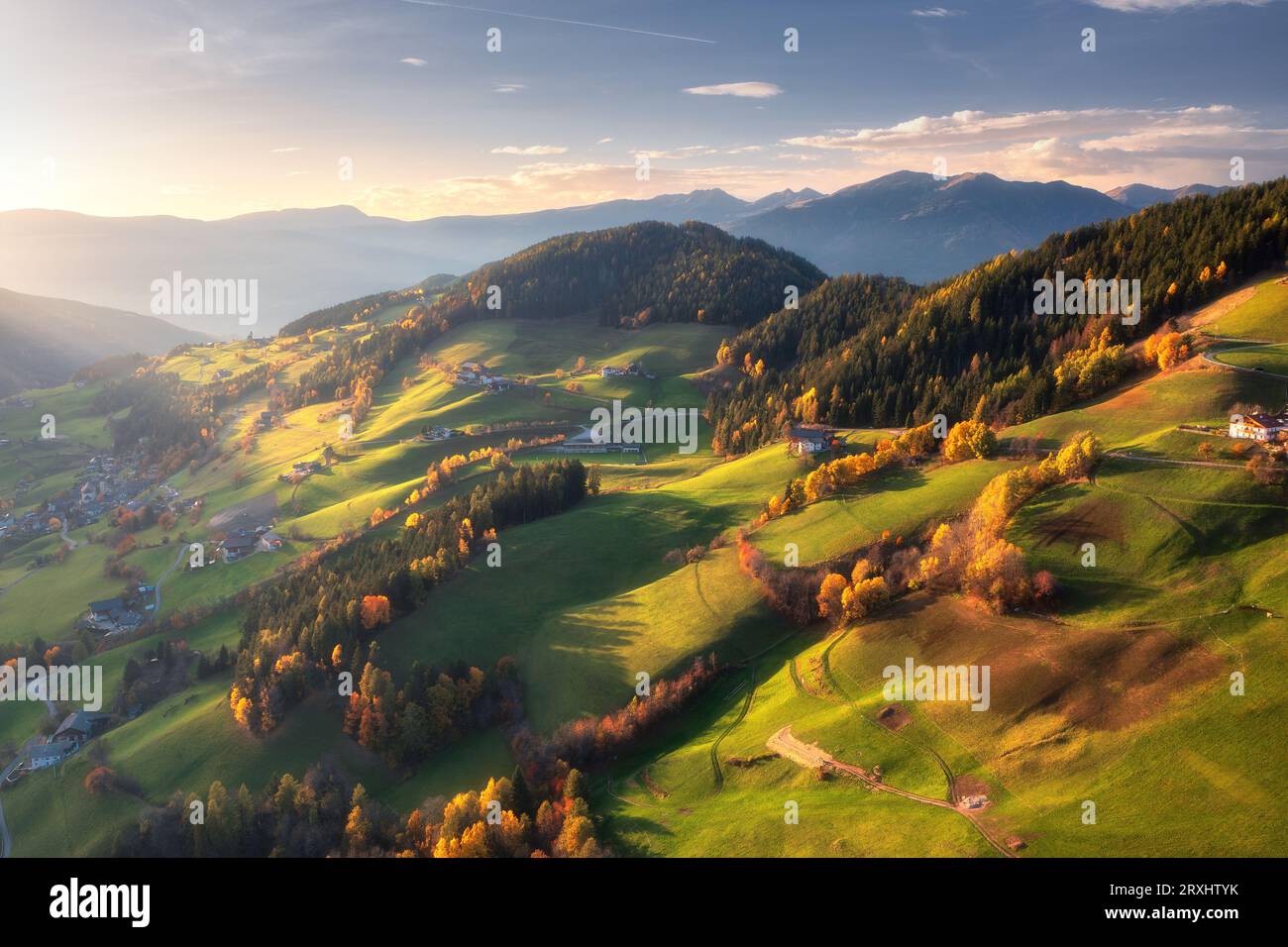 Aerial view of amazing green alpine meadows, orange trees, hills Stock ...