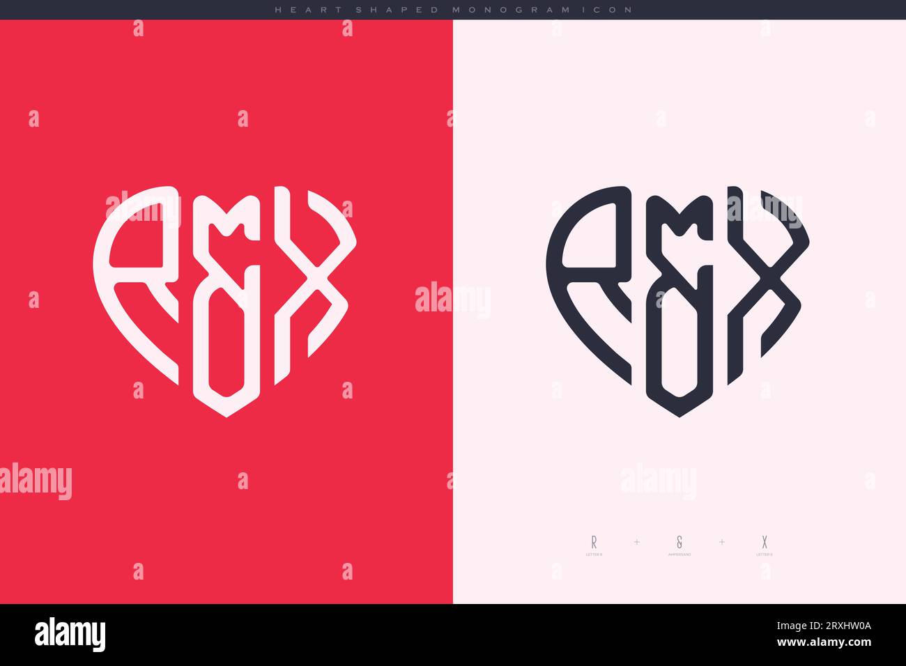 Initial RX letters with red heart and love logo flat icon monogram ...