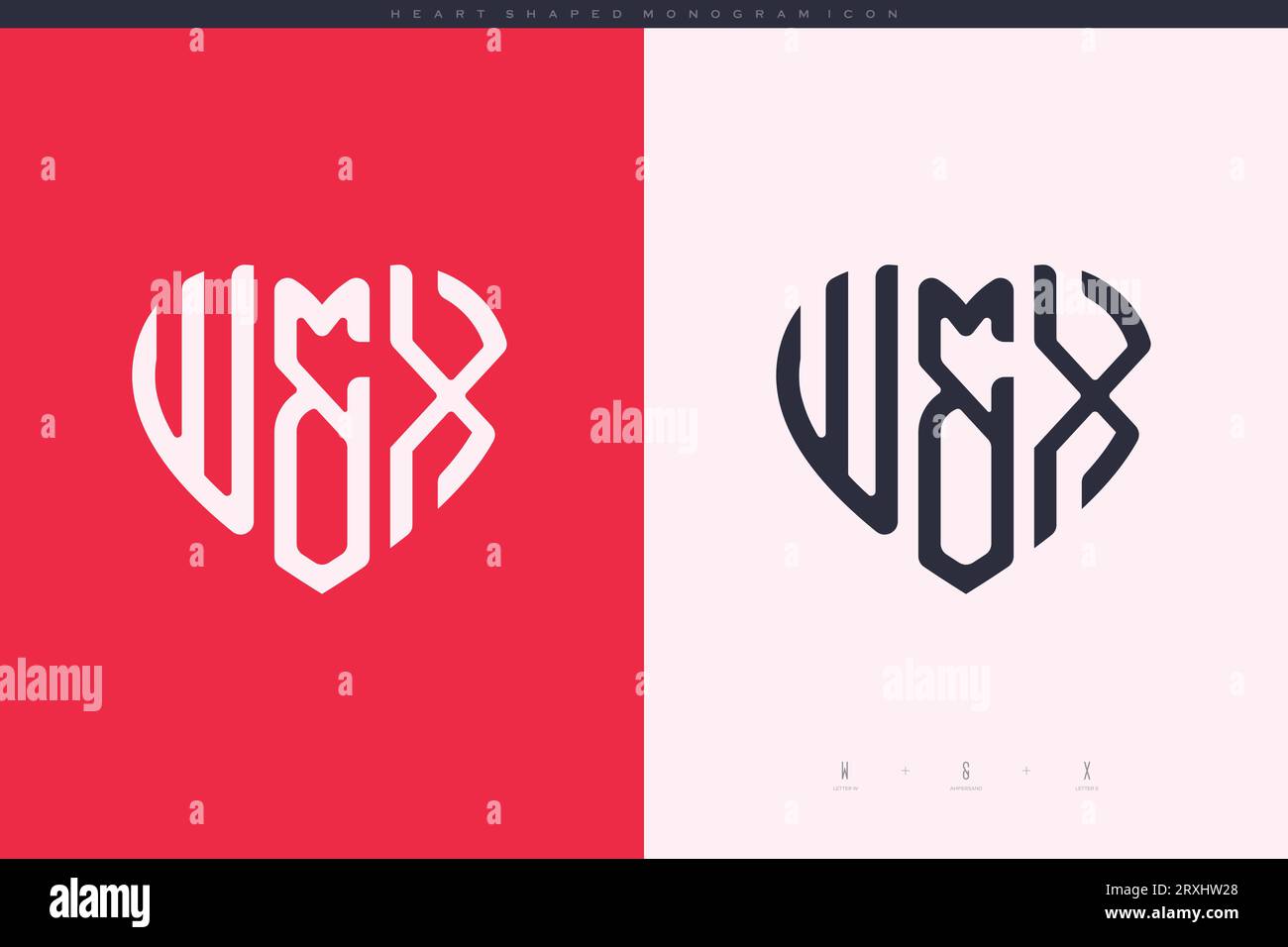 Initial WX letters with red heart and love logo flat icon monogram ...
