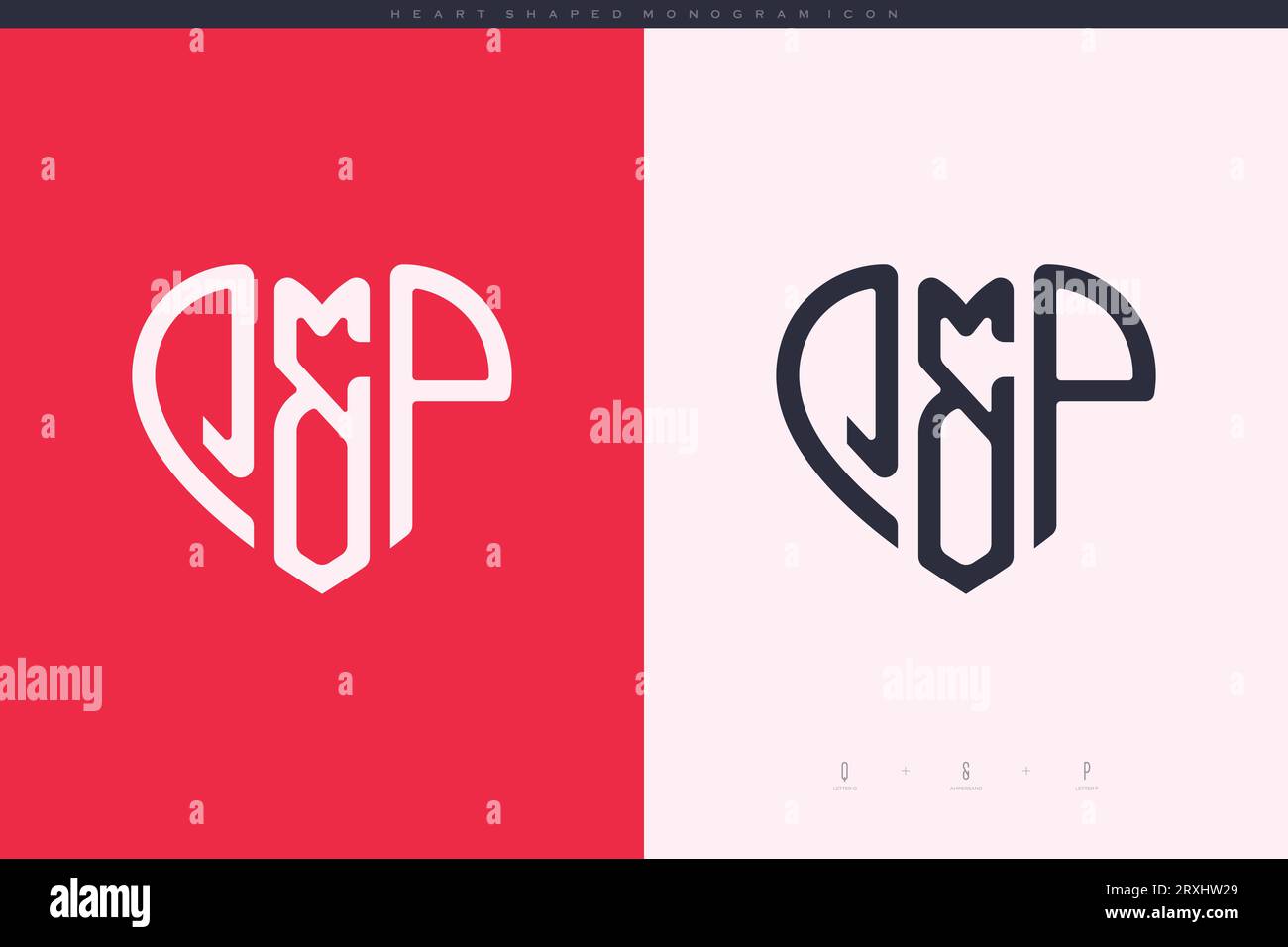 Initial QP letters with red heart and love logo flat icon monogram ...