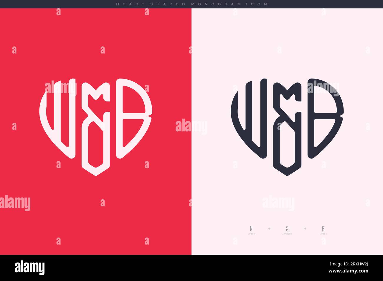 Initial WB letters with red heart and love logo flat icon monogram ...