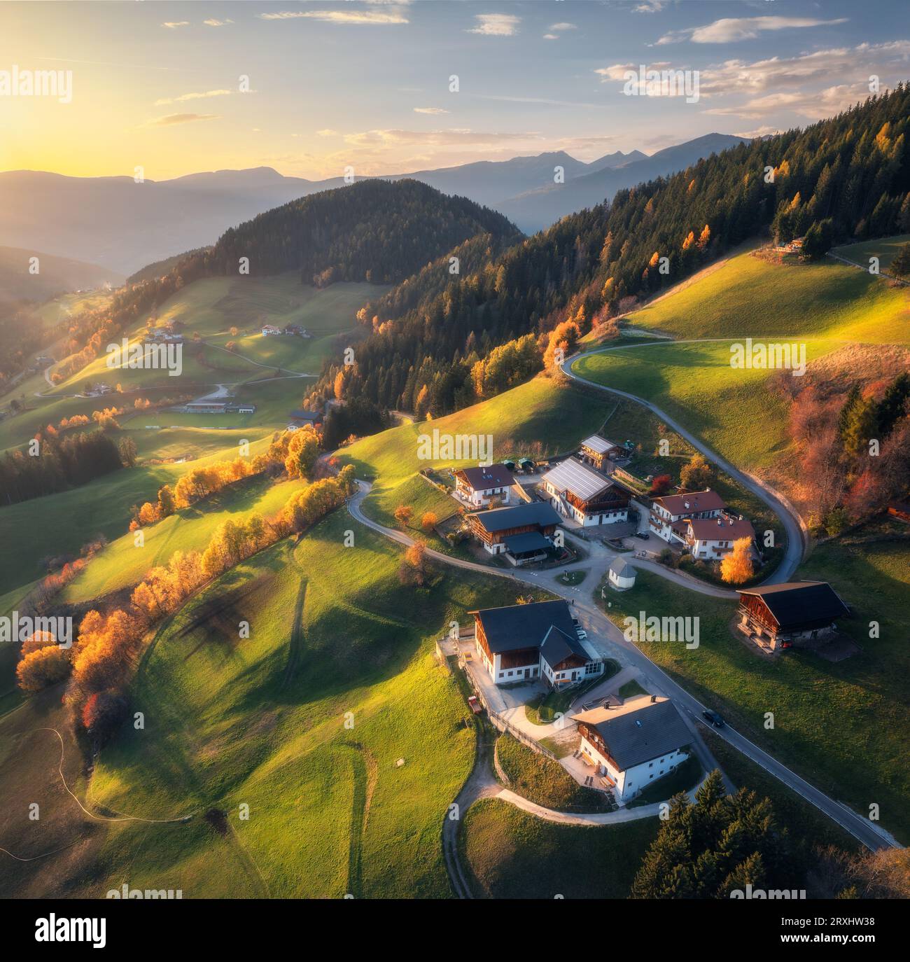 Aerial view of amazing green alpine meadows, orange trees, hills Stock ...