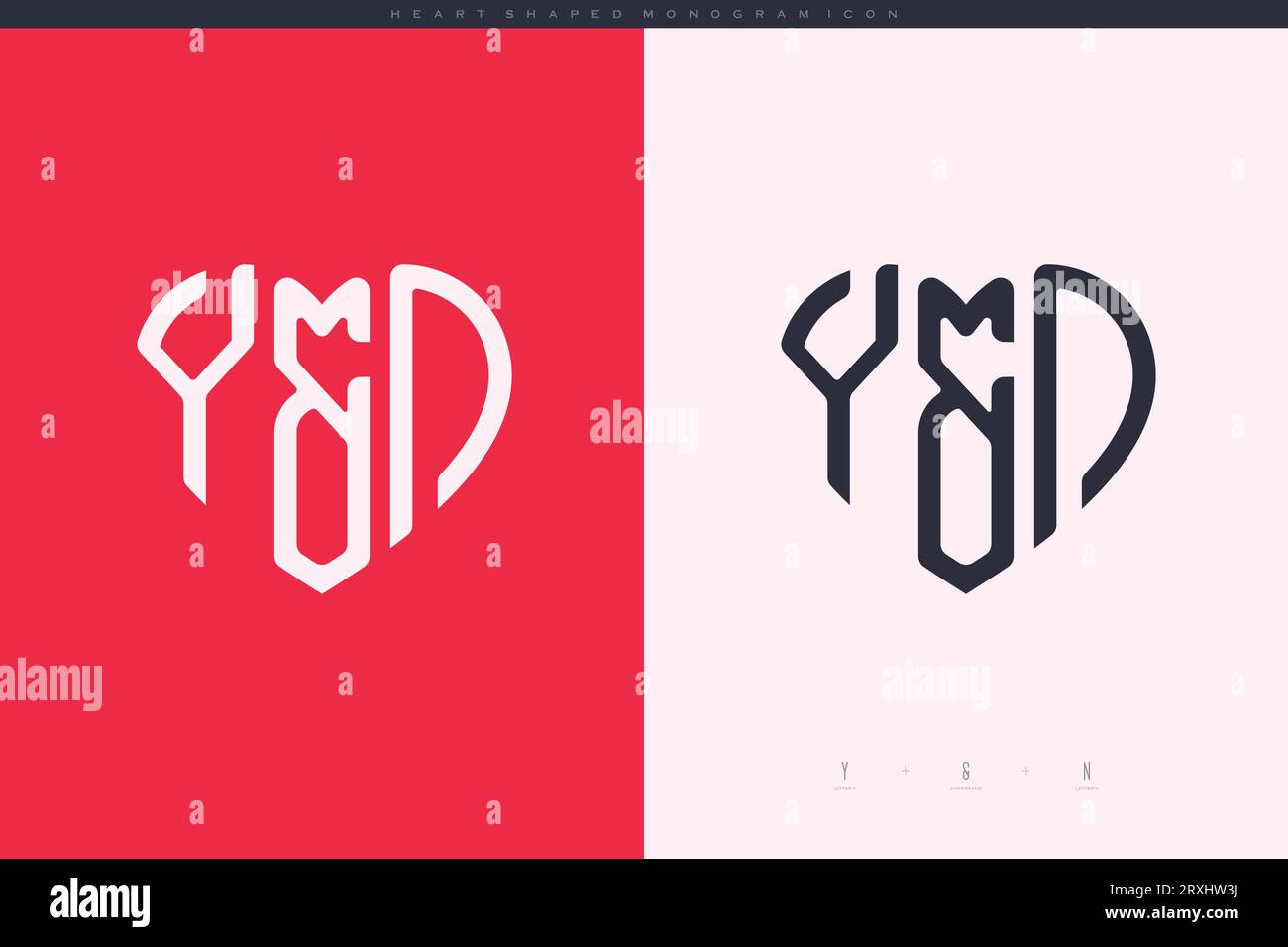 Initial YN letters with red heart and love logo flat icon monogram ...