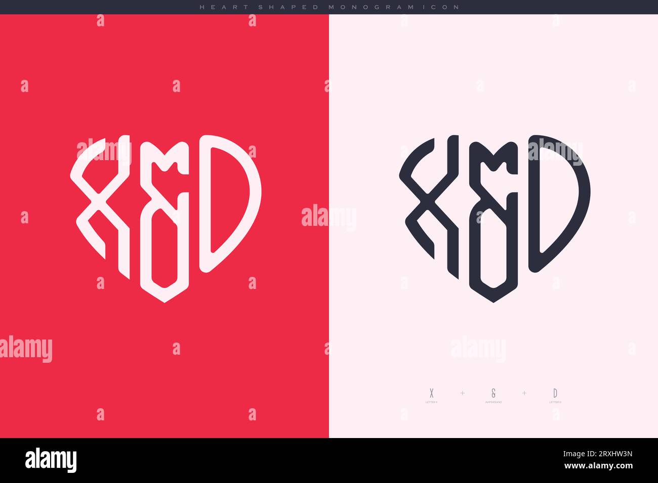 Initial XD letters with red heart and love logo flat icon monogram ...