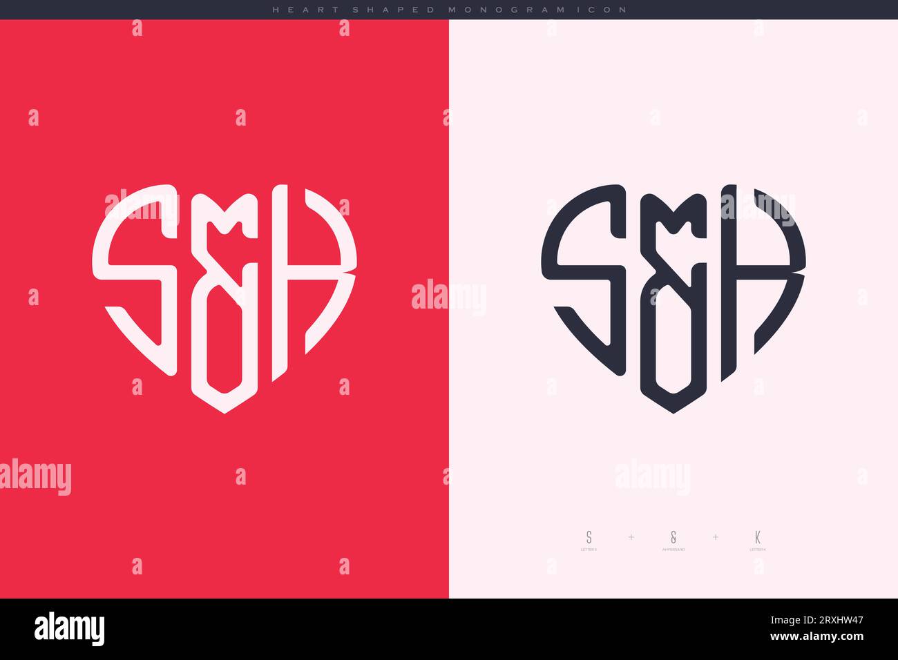Initial SK letters with red heart and love logo flat icon monogram ...