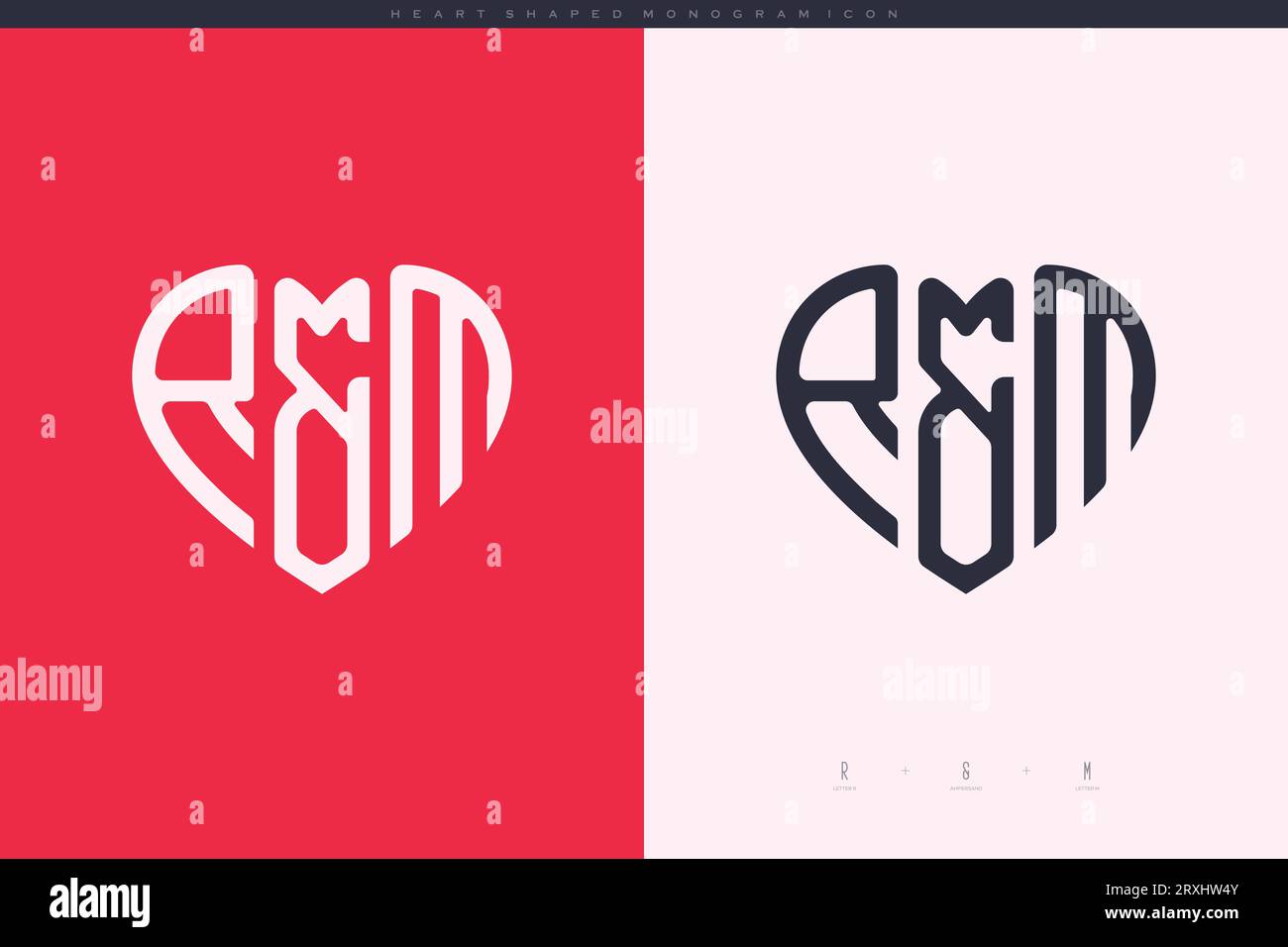 Initial RM letters with red heart and love logo flat icon monogram ...