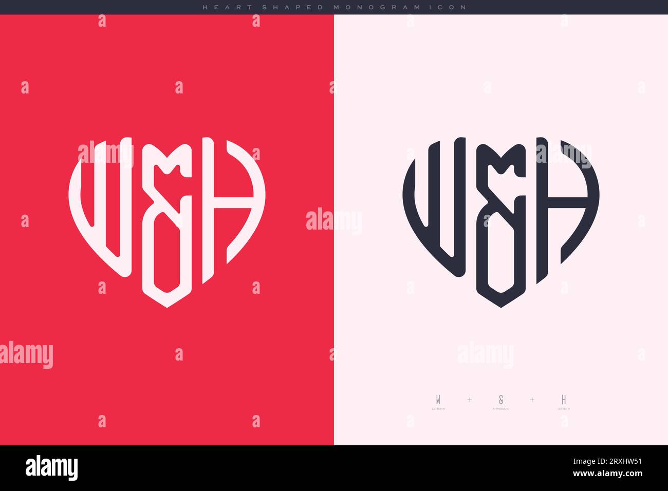 Initial WH letters with red heart and love logo flat icon monogram ...