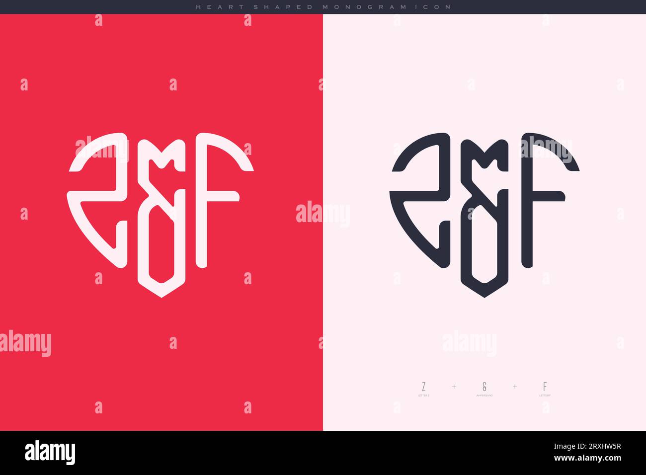 Initial ZF letters with red heart and love logo flat icon monogram ...