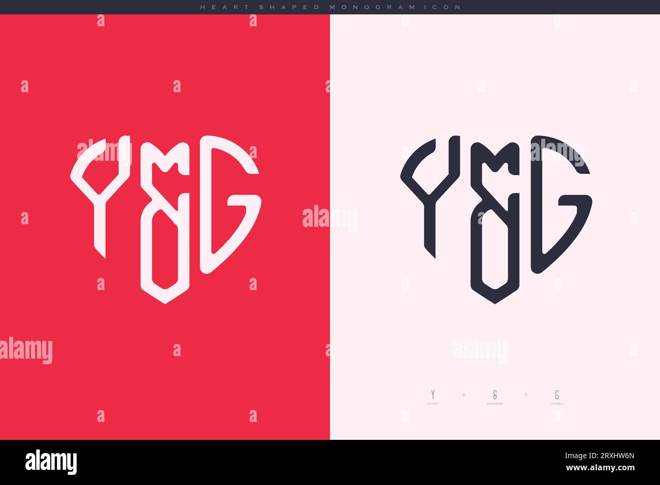 Initial YG letters with red heart and love logo flat icon monogram ...