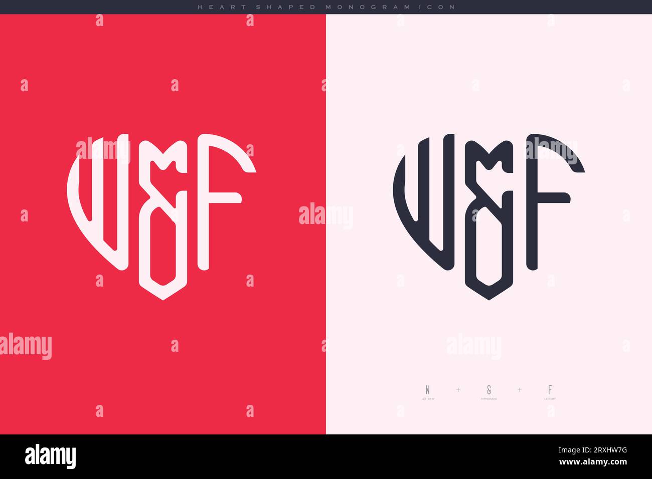 Initial WF letters with red heart and love logo flat icon monogram ...