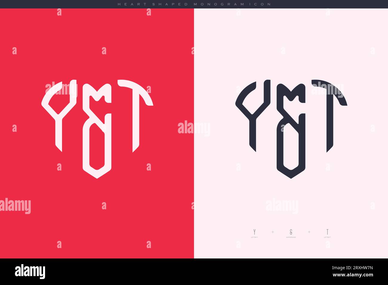 Initial YT letters with red heart and love logo flat icon monogram ...