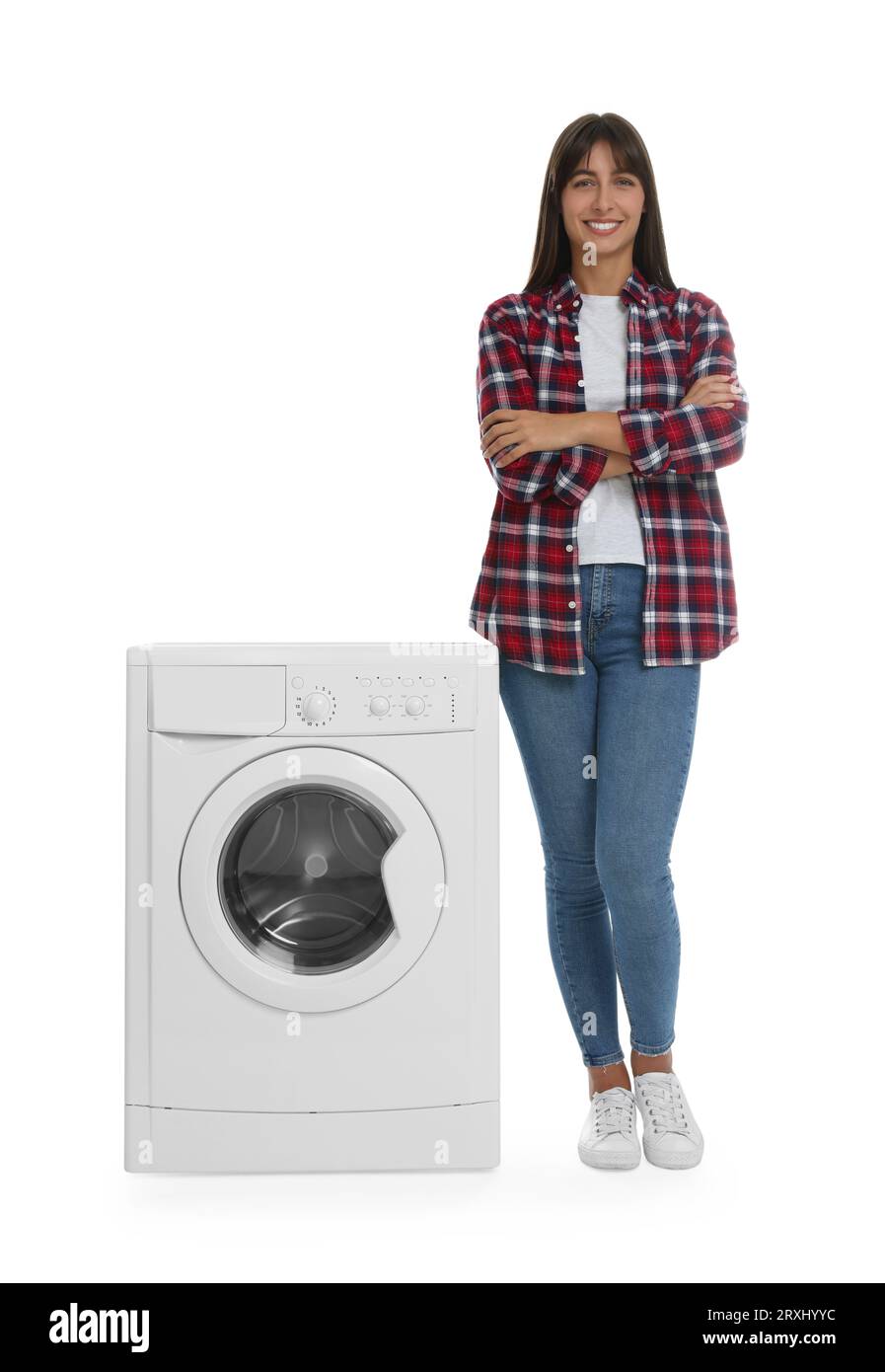 Beautiful woman near washing machine on white background Stock Photo ...