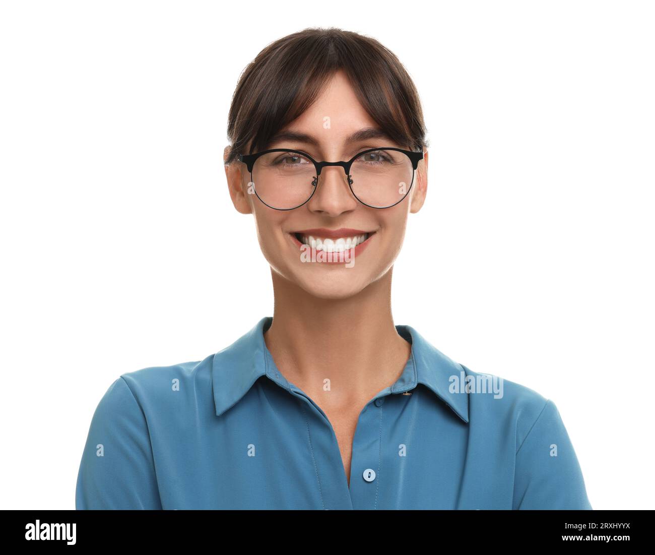 Portrait of happy secretary in glasses on white background Stock Photo ...