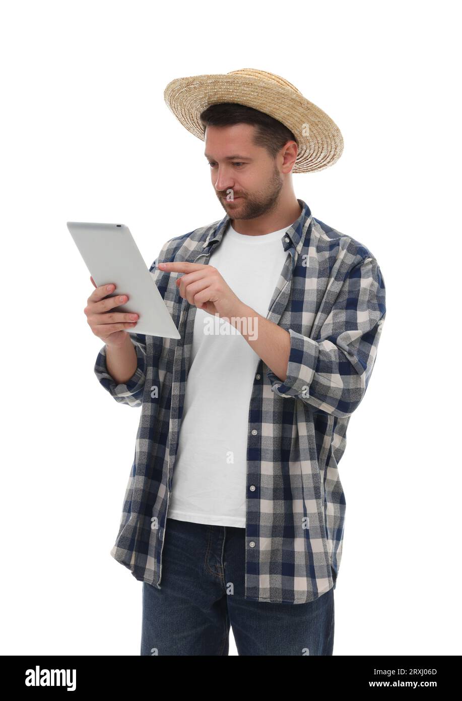 Farmer using tablet on white background. Harvesting season Stock Photo ...