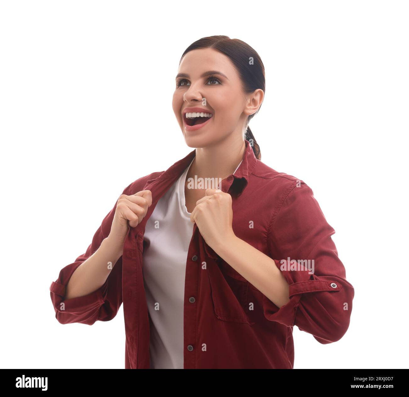 Emotional sports fan celebrating on white background Stock Photo - Alamy