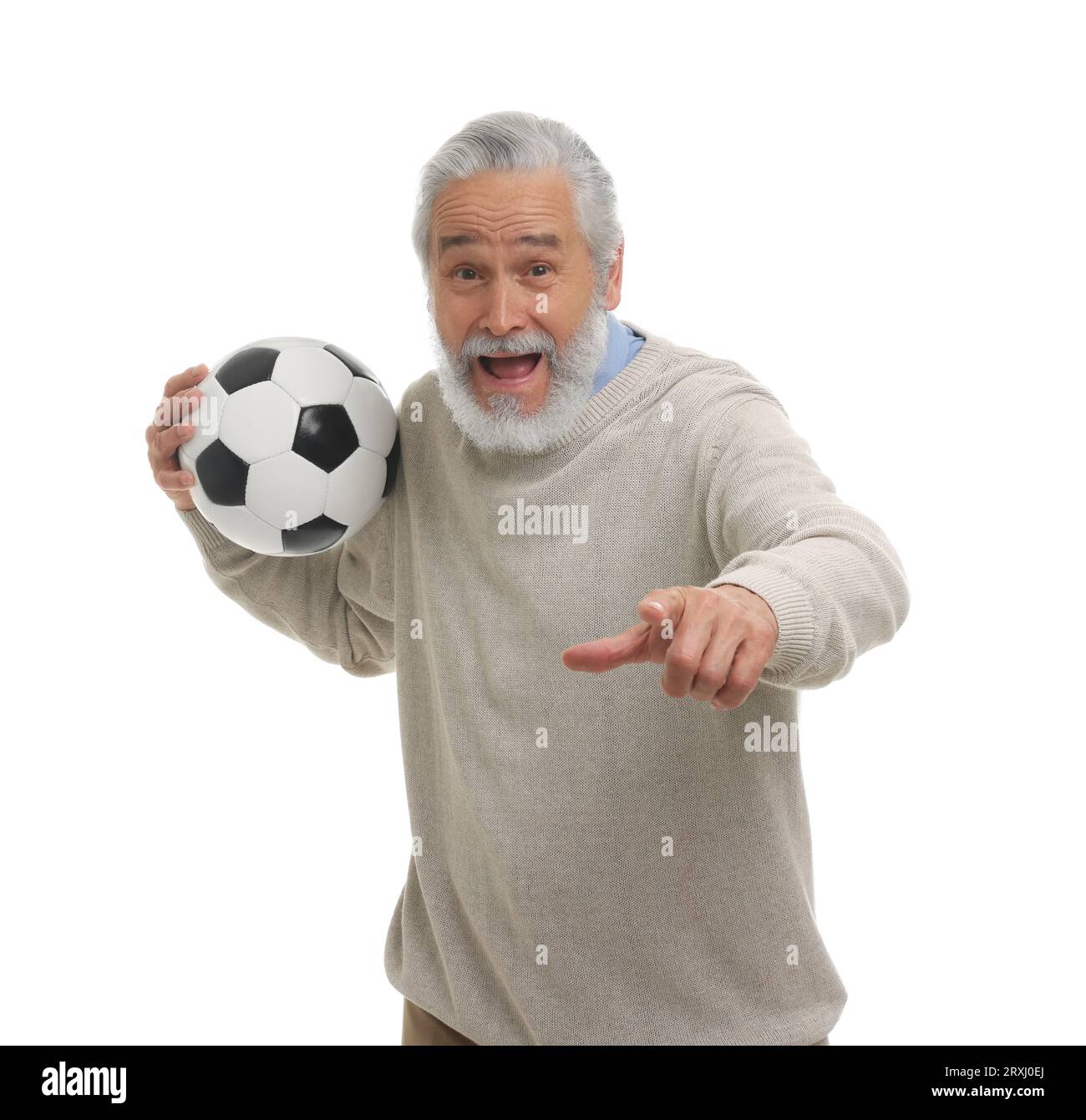 Emotional senior sports fan with soccer ball isolated on white Stock ...