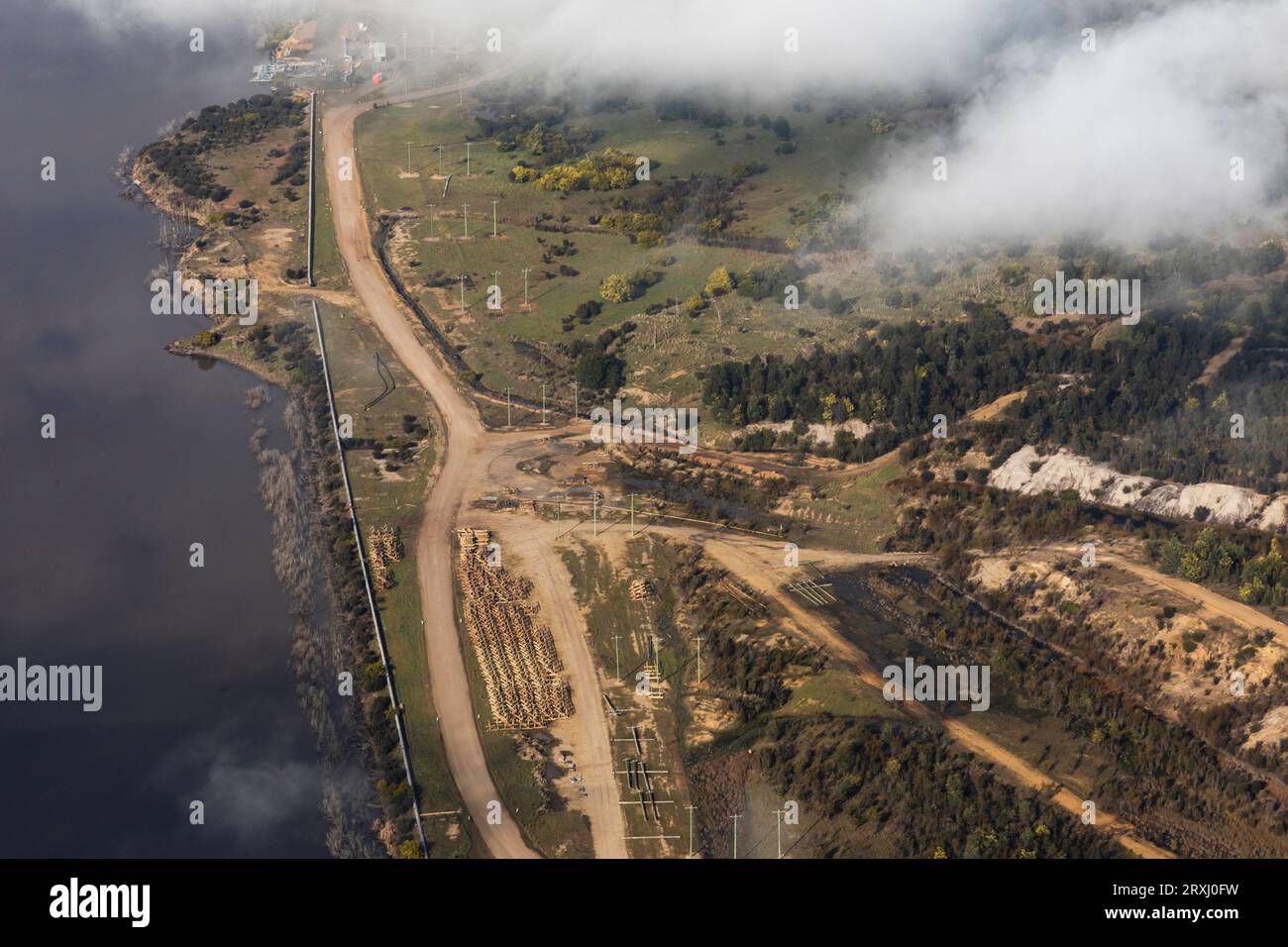 Aerial view of quarry power lines, showcasing the industrial ...