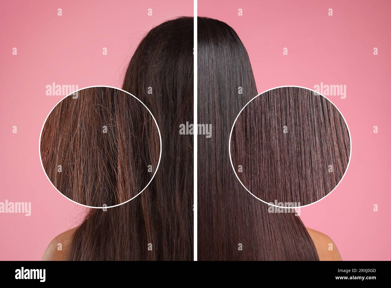 Photo of woman divided into halves before and after hair treatment on ...