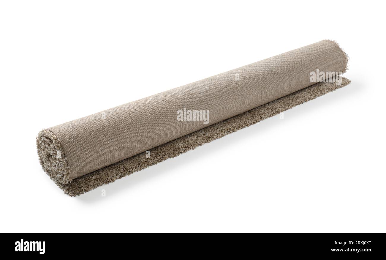 Rolled fuzzy carpet on white background. Interior element Stock Photo ...