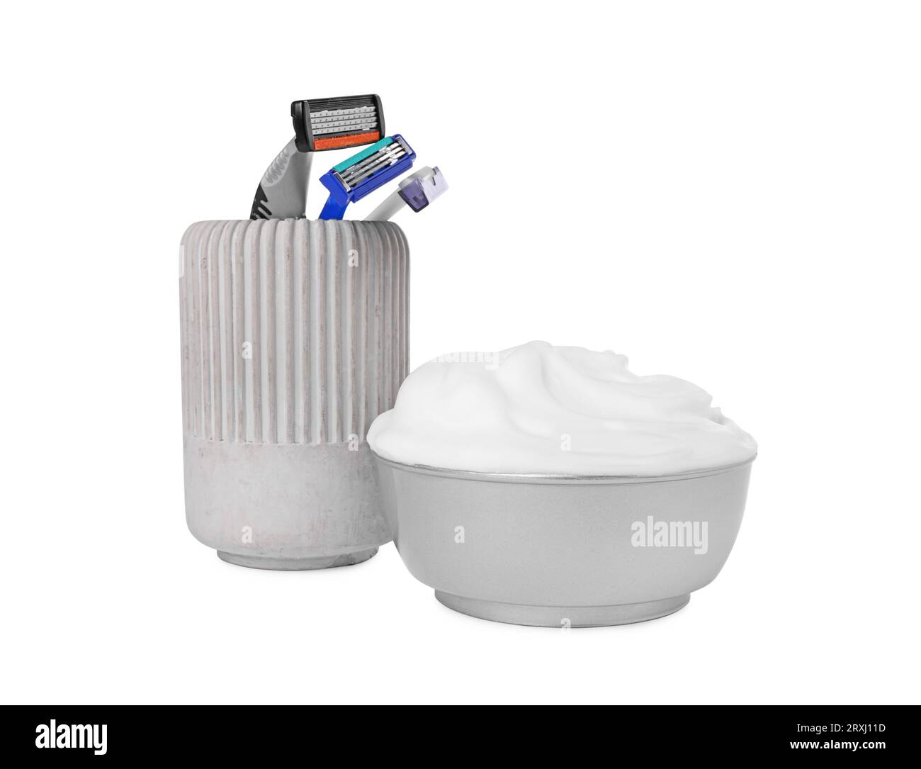 Glass with shaving razors and bowl of foam on white background Stock ...