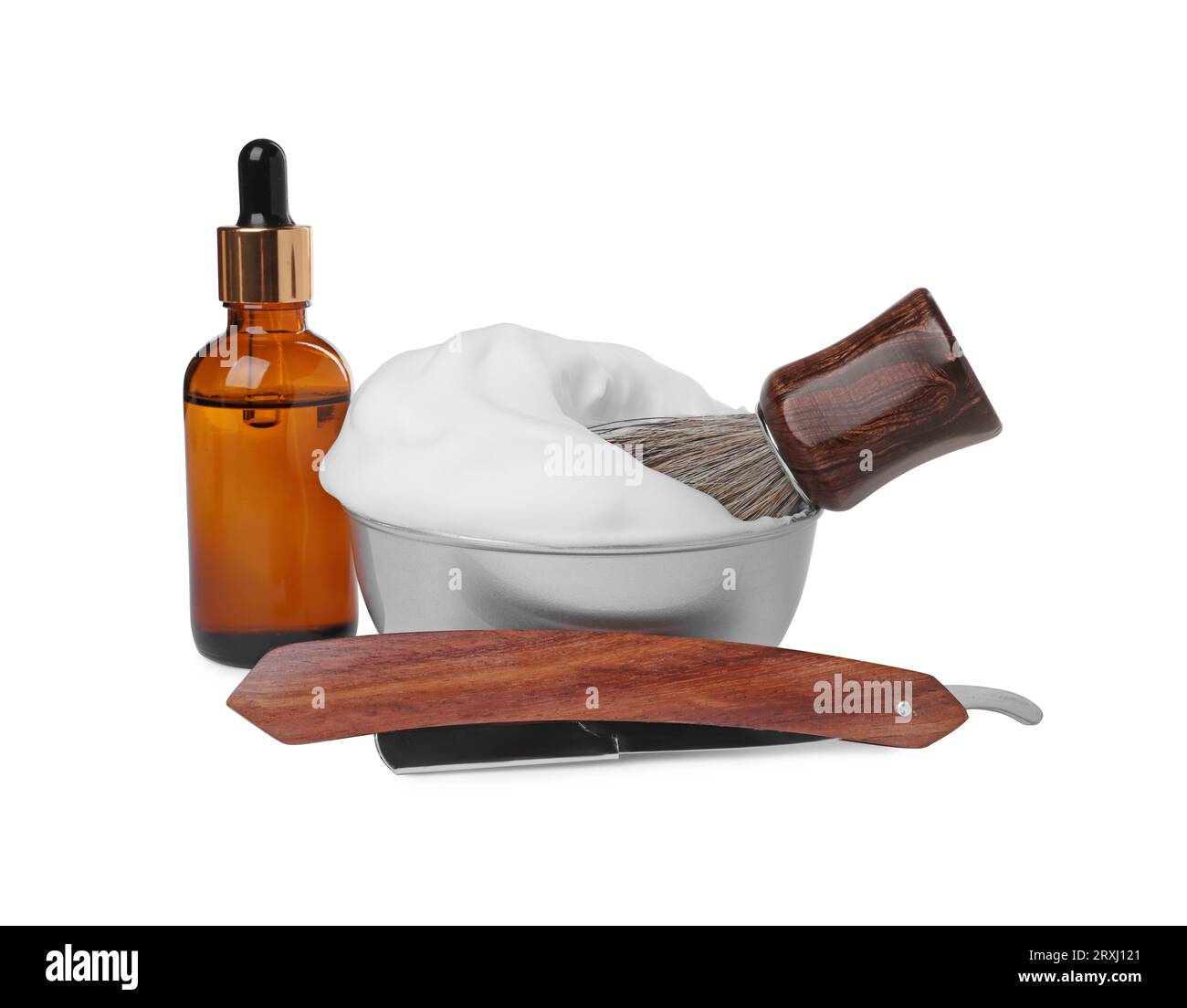Set of men's shaving accessories on white background Stock Photo - Alamy
