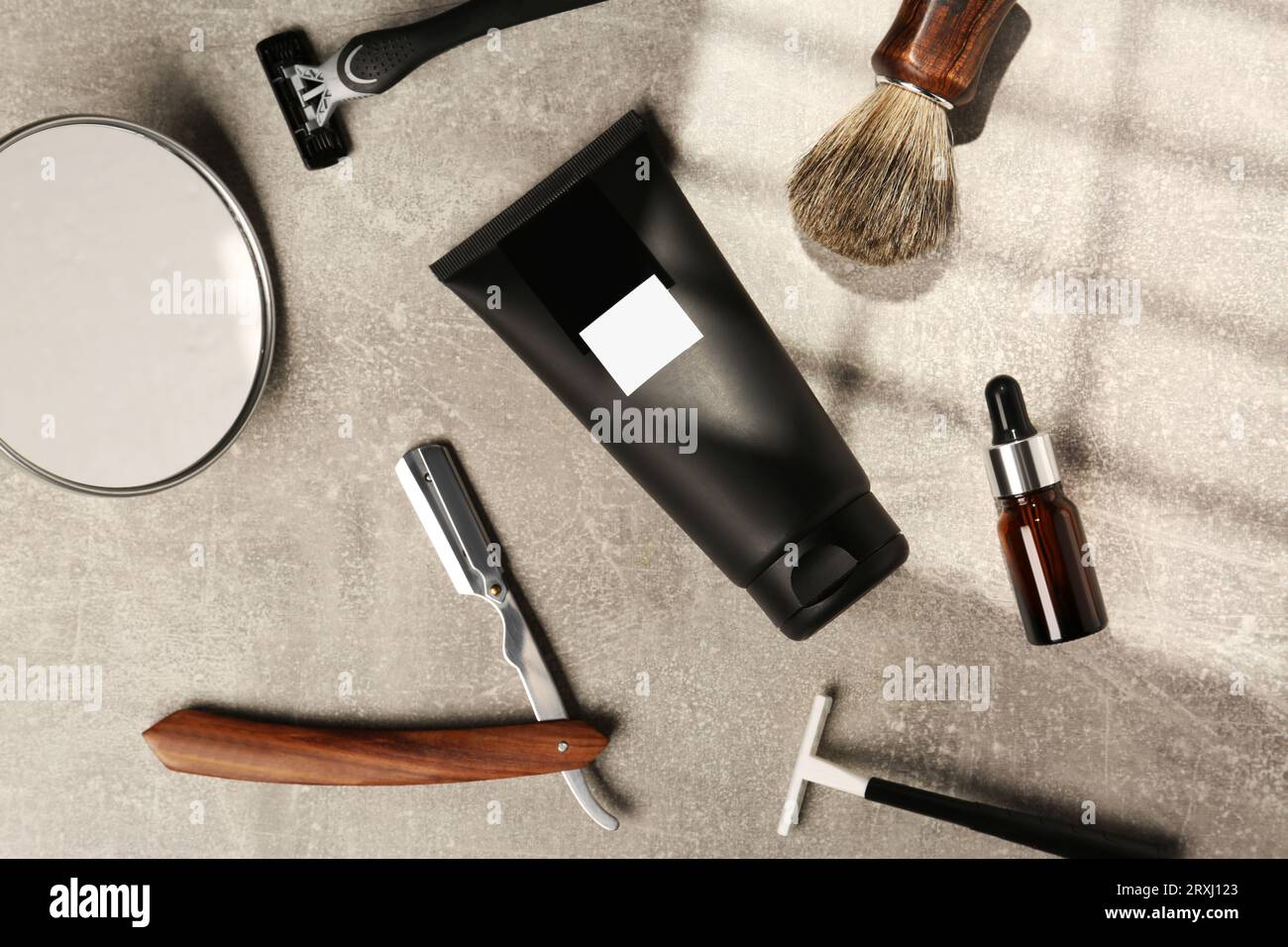 Set of men's shaving tools on light gray textured table, flat lay Stock ...