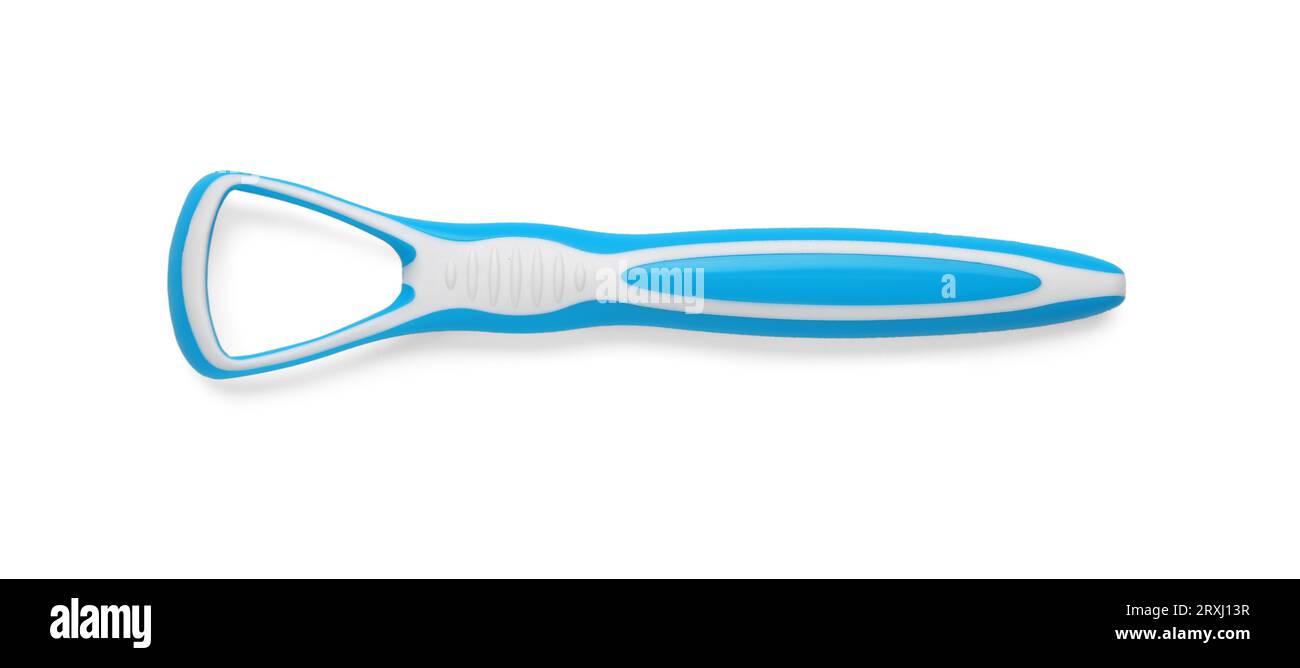 One light blue tongue cleaner isolated on white, top view. Dental care ...