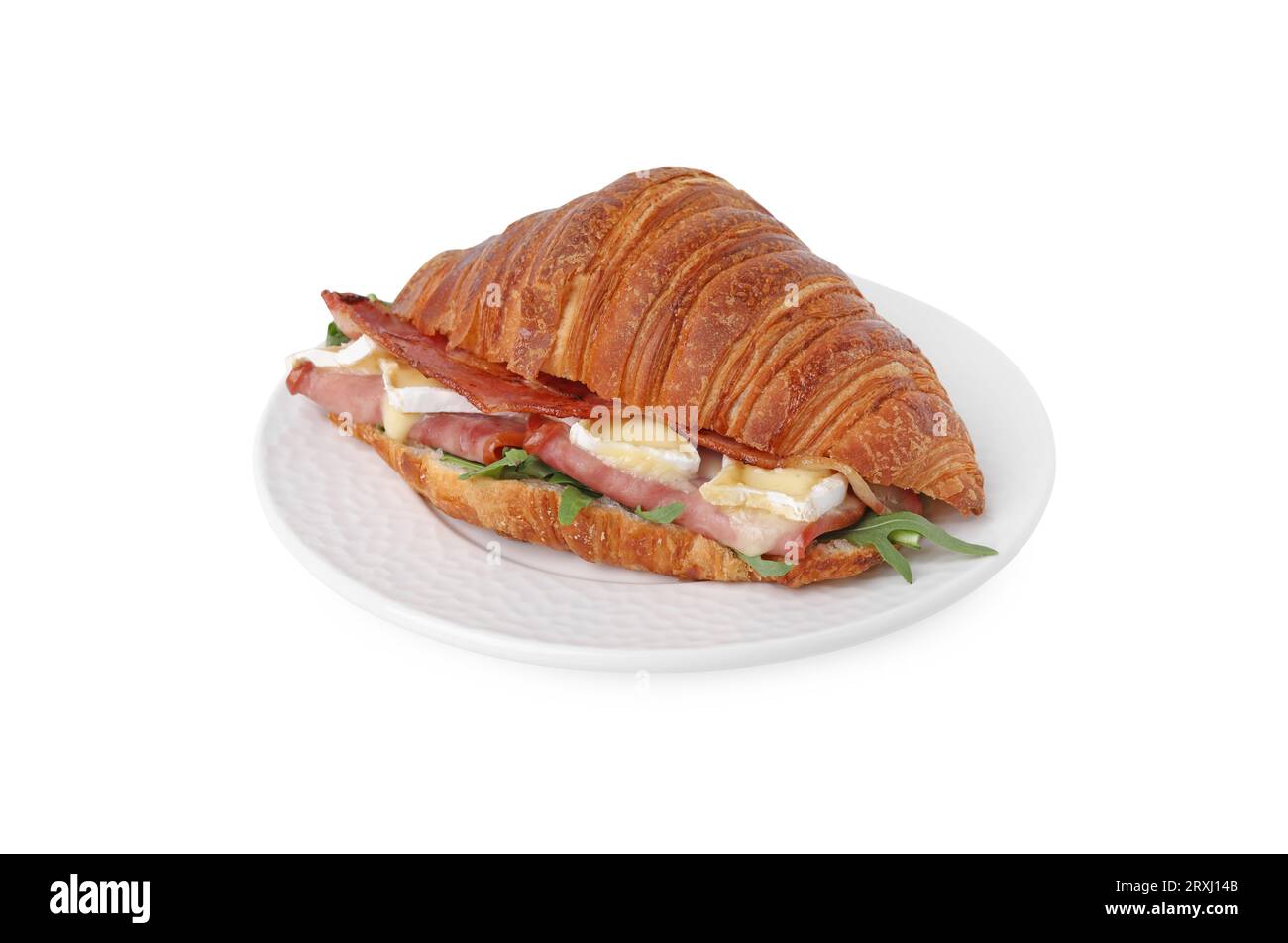 Tasty croissant with brie cheese, ham and bacon isolated on white Stock ...