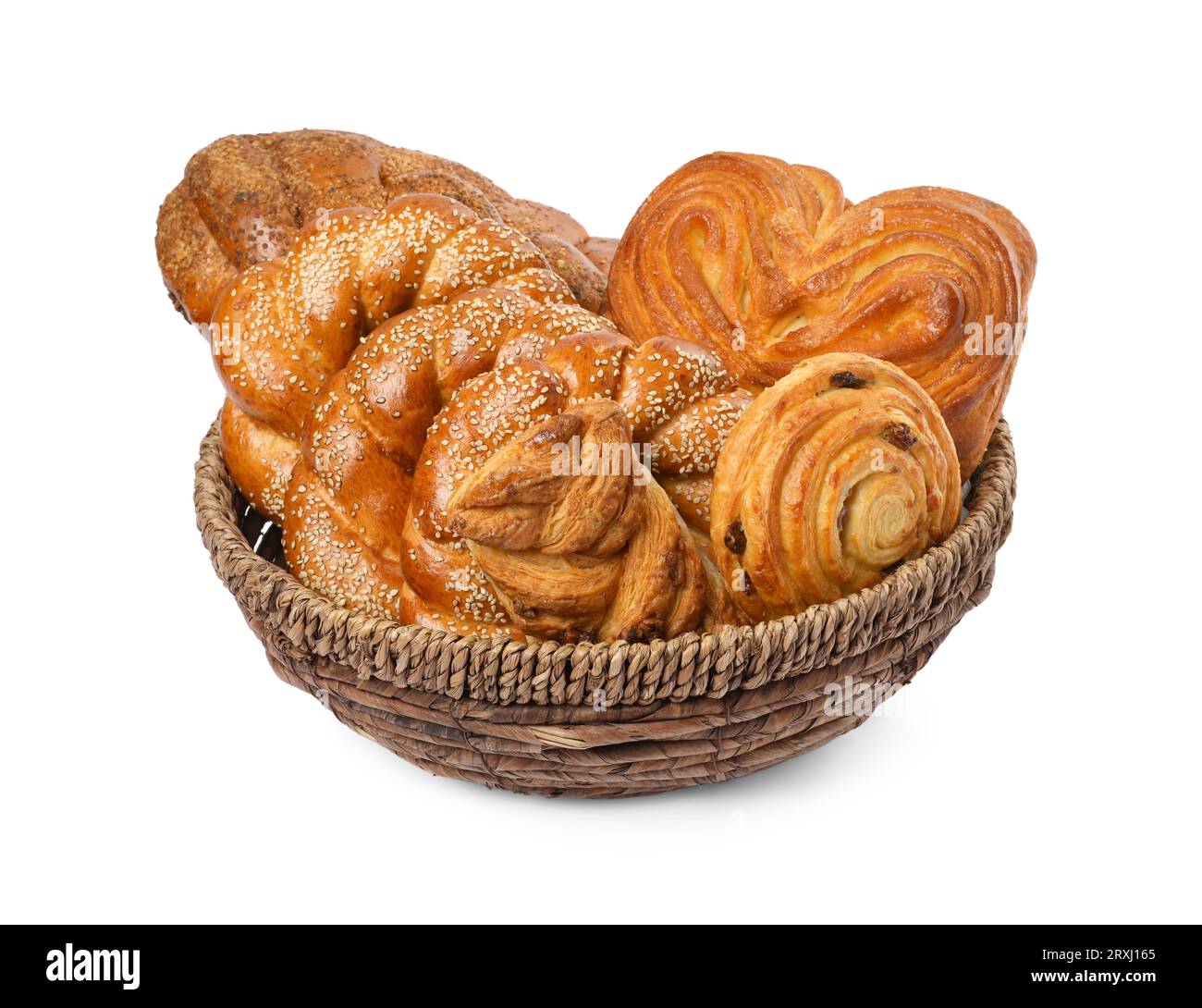 Different tasty pastries in wicker basket isolated on white Stock Photo ...