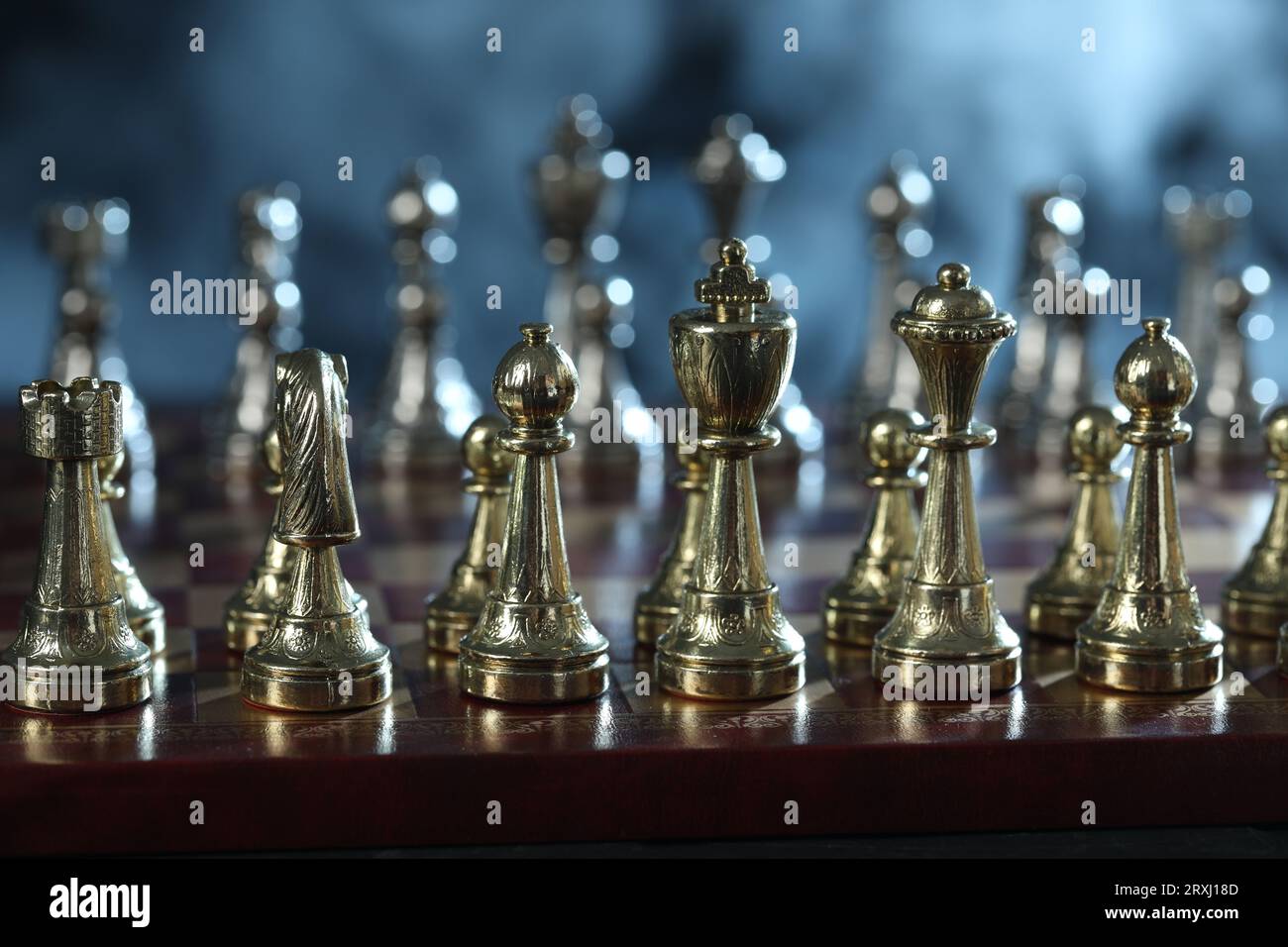 Set of chess pieces on checkerboard before game, selective focus Stock ...